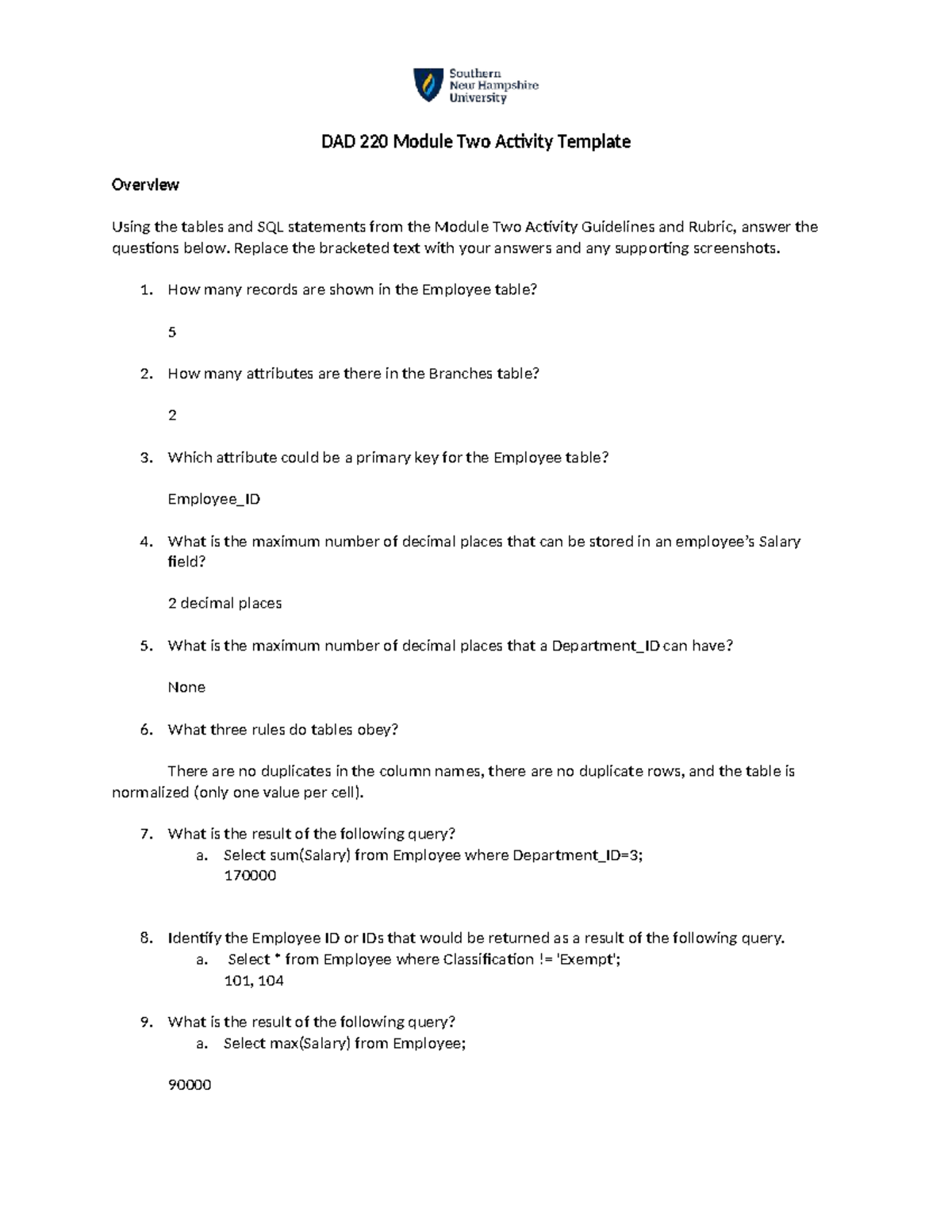 DAD 220 Module Two Activity: SQL Tables & Queries Overview - Studocu