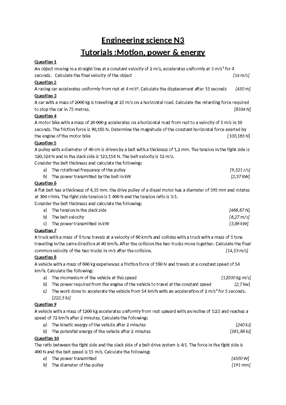 Engineering Science N3: Motion, Power & Energy Tutorials - Studocu