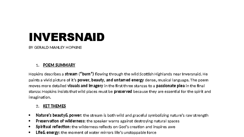 Inversnaid (ENG 101) - Poem Summary and Analysis - Studocu