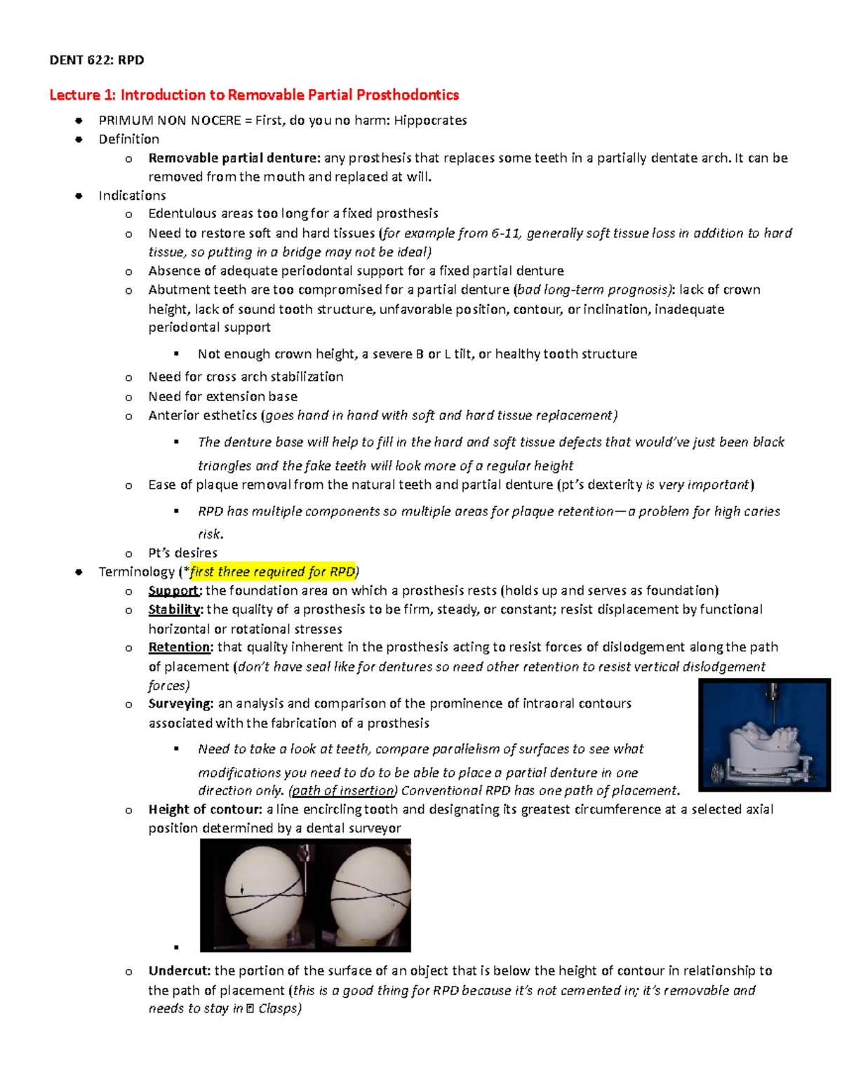 DENT 622: RPD Midterm Notes on Removable Partial Prosthodontics - DENT ...