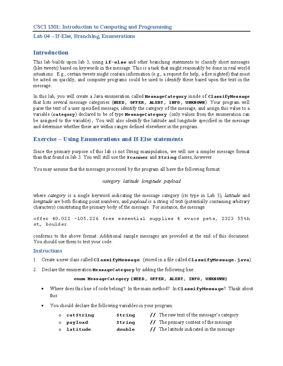 Lab04 - lab 4 - CSCI 1301: Introduction to Computing and Programming Lab 04 – If-Else, Branching ...