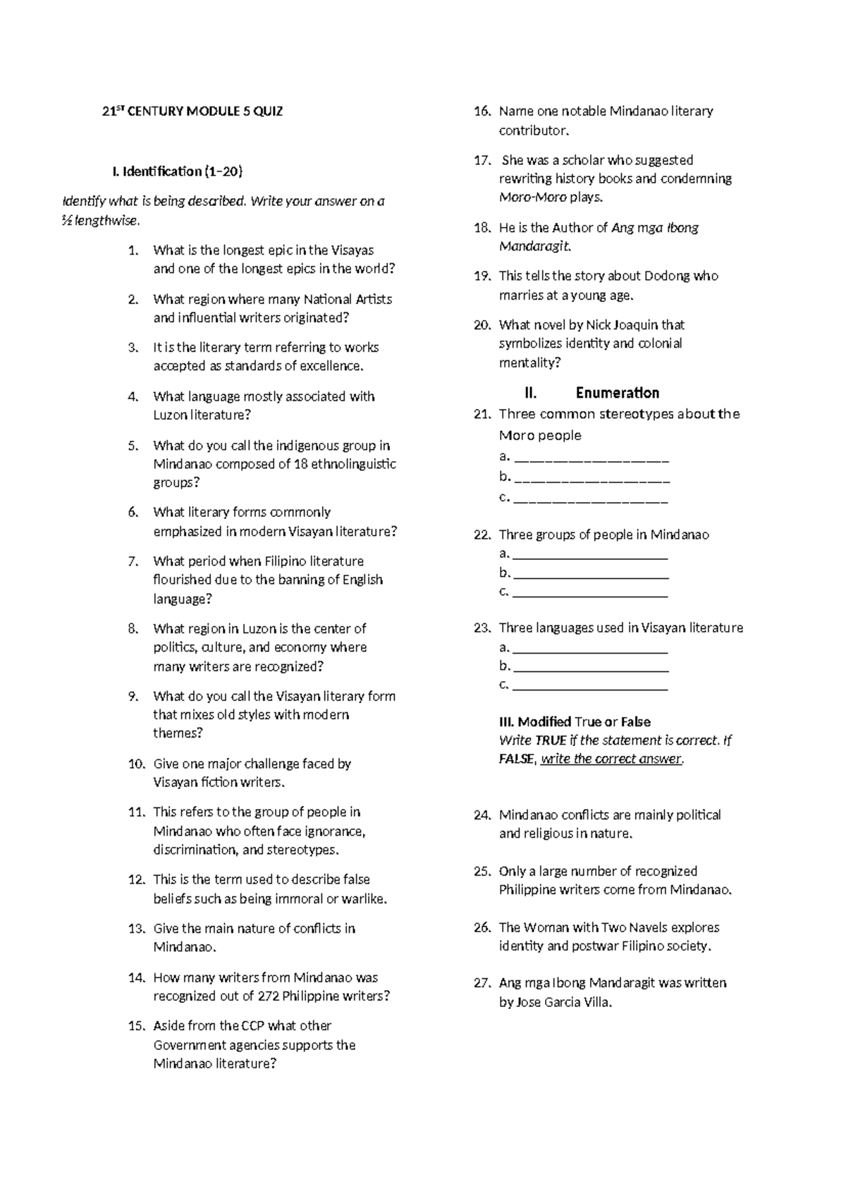 21ST Century Module 5 Quiz I: Literary Contributions & Mindanao Culture ...