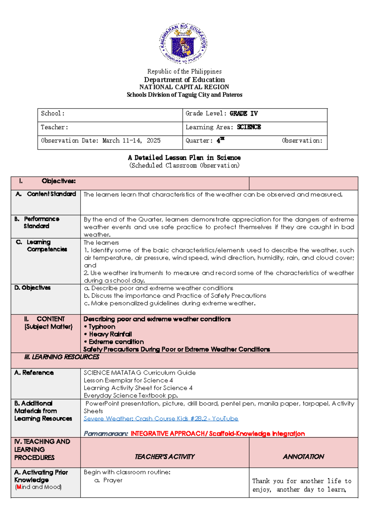 COT-DLP- Science 4- Final Lesson Plan on Extreme Weather & Safety - Studocu