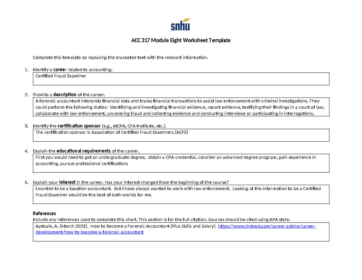 ACC 317 Module 8 Career Exploration: Certified Fraud Examiner - Studocu