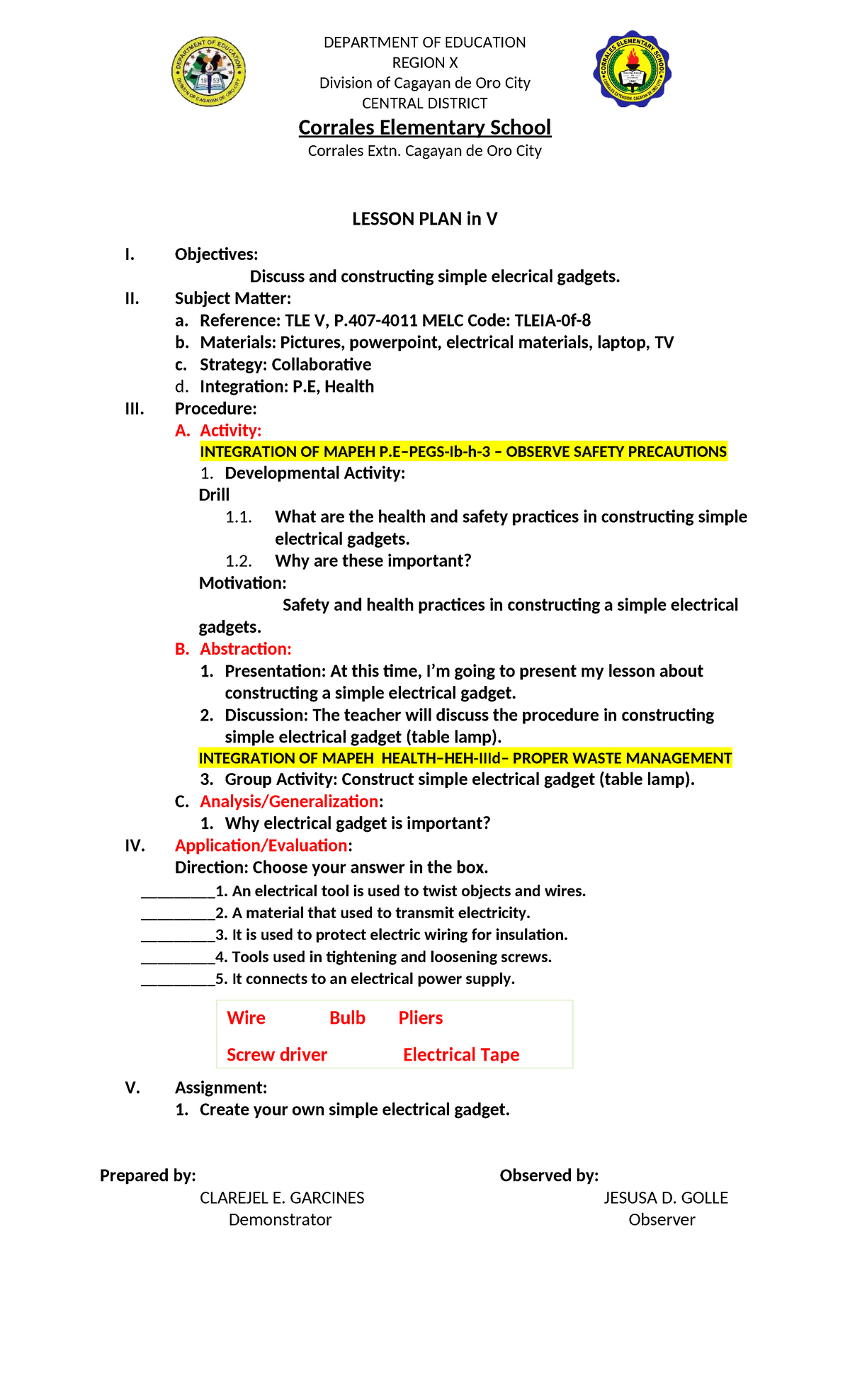 COT 2 Lesson Plan: Constructing Simple Electrical Gadgets in V - Studocu