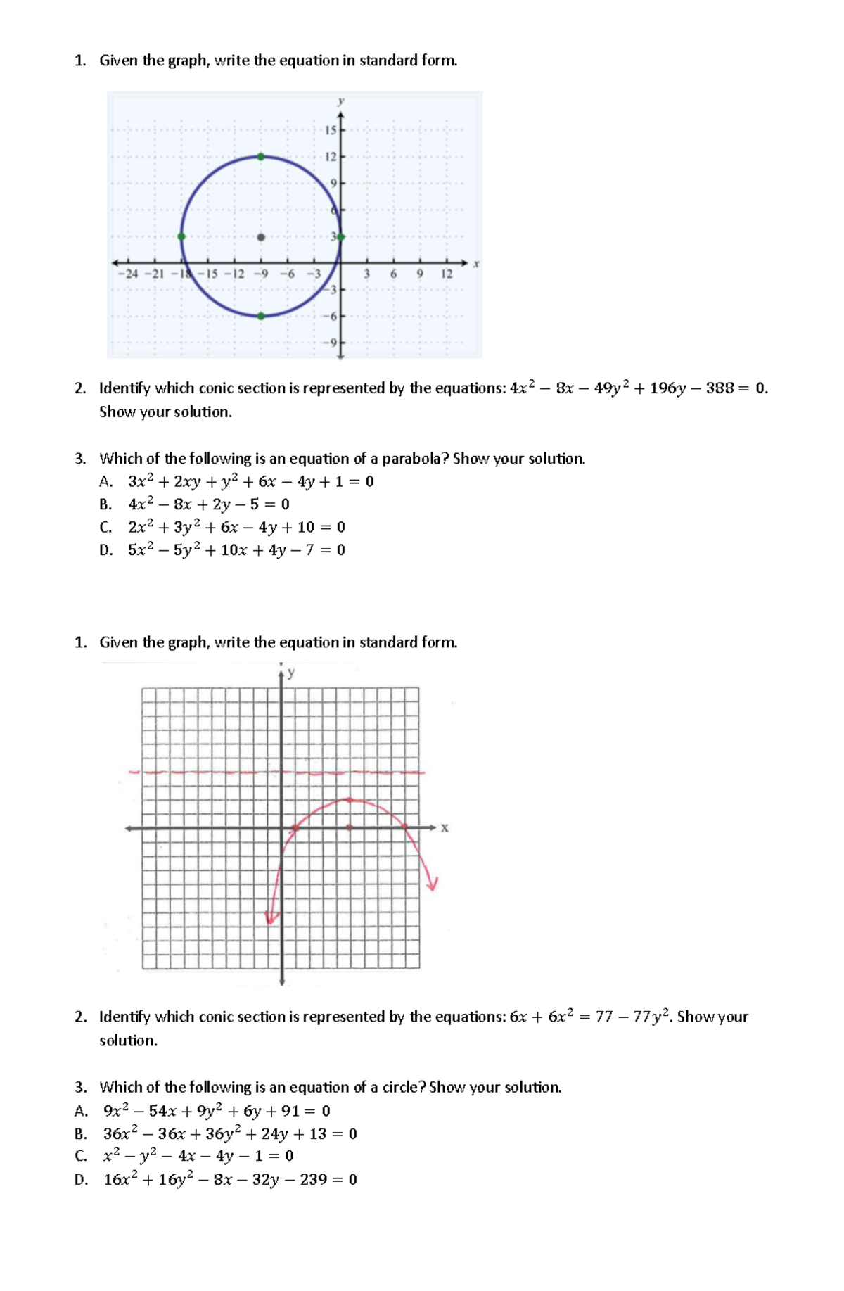 Conic Sections Group Activity: Equations & Graphs Analysis - Studocu