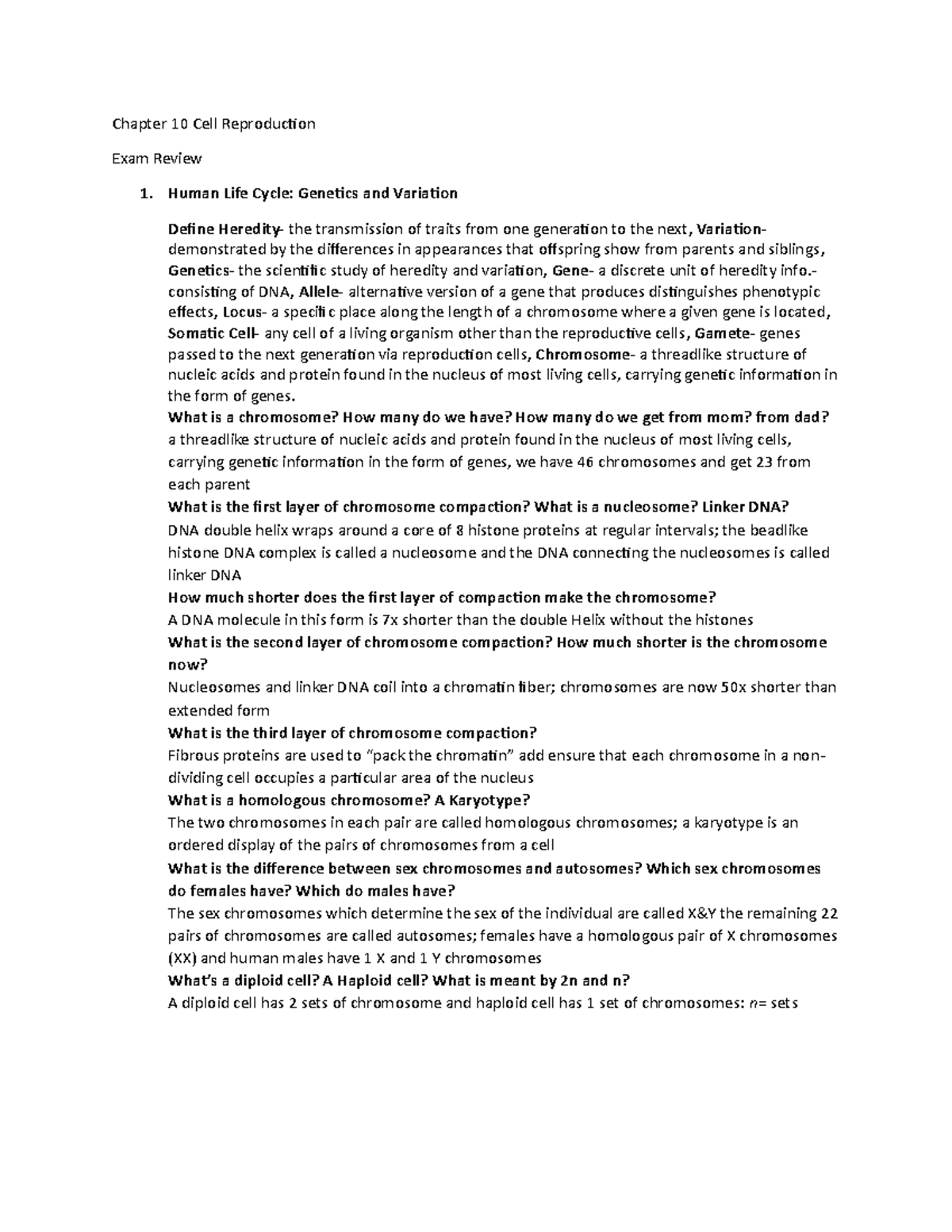 Chpt 10 exam review - Chapter 10 Cell Reproduction Exam Review 1. Human ...