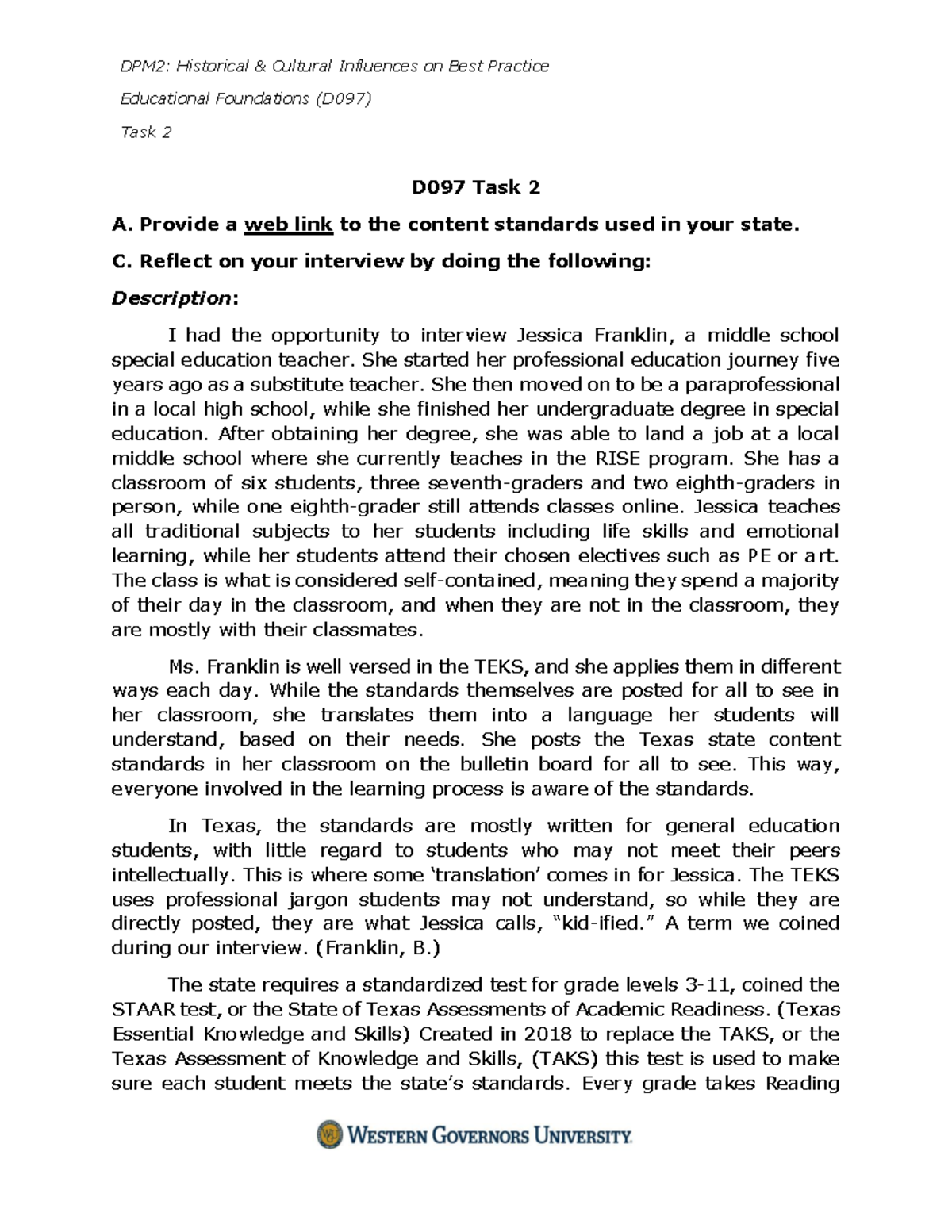 Education Foundations (D097) Task 2 - Educational Foundations (D097 ...