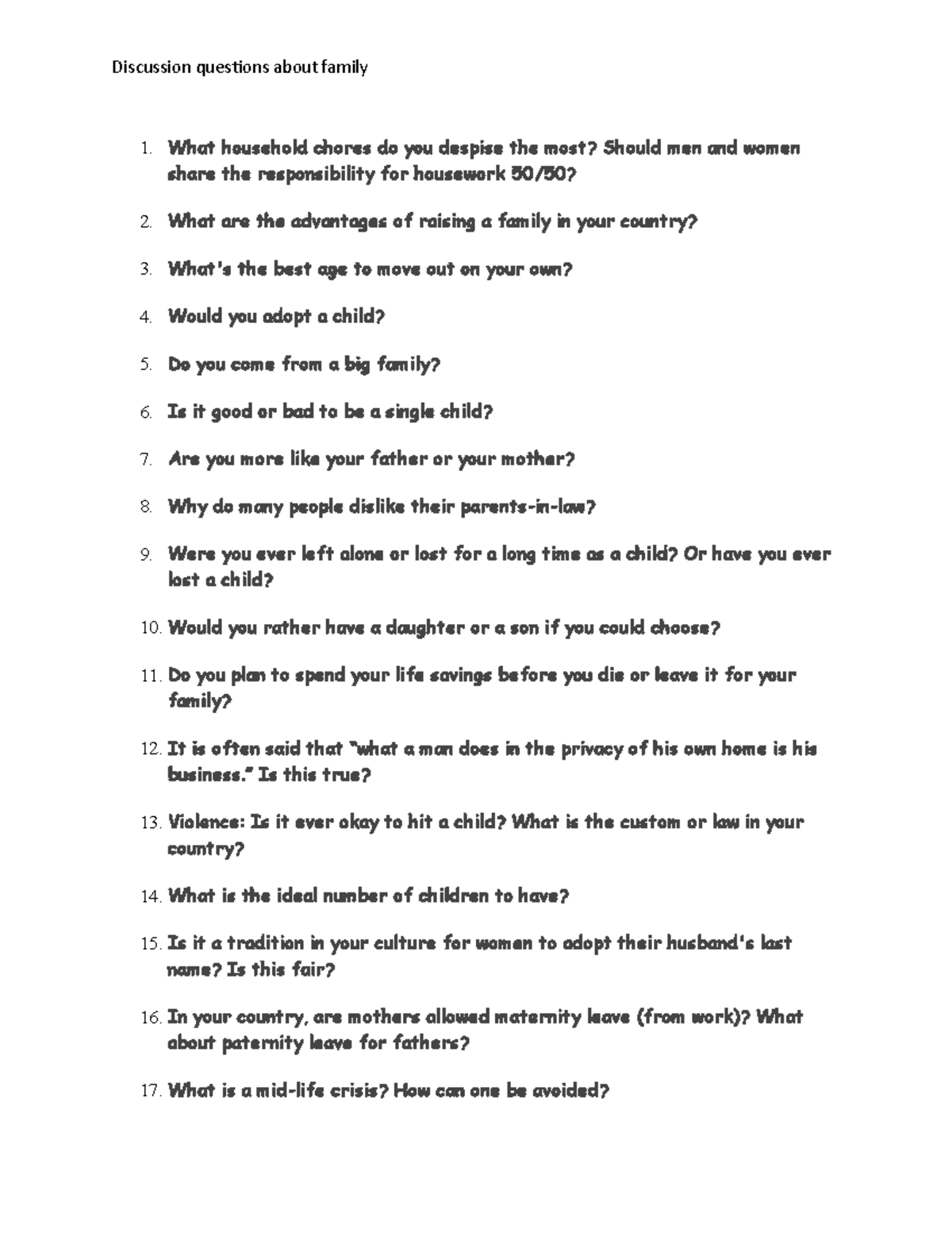 Discussion questions about family - What household chores do you ...