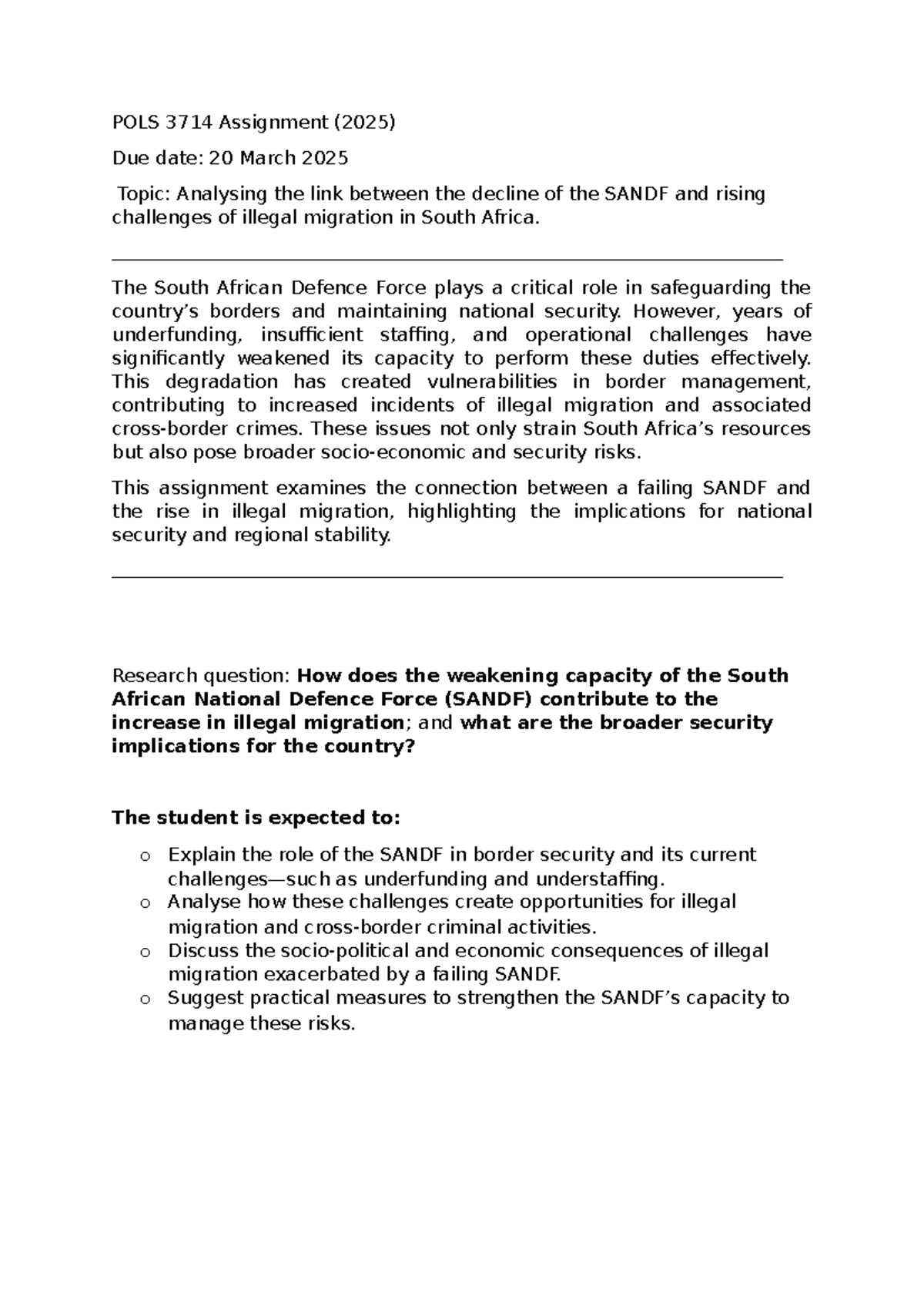 POLS 3714 Assignment: SANDF Decline & Illegal Migration Impact Analysis ...