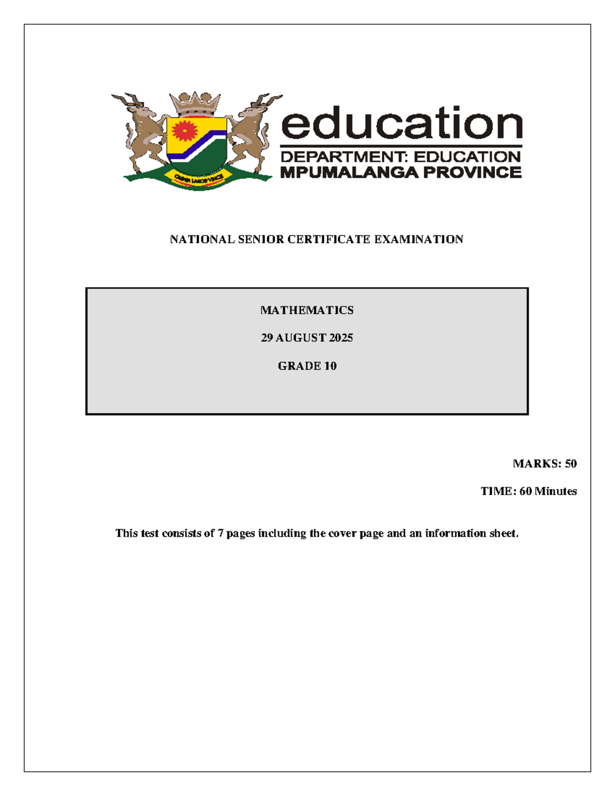 Controlled Test: Mathematics Grade 10 NSC - 29 August 2025 - Studocu