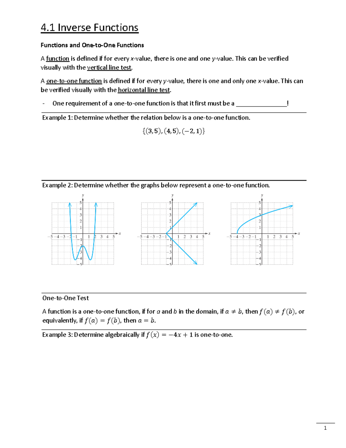 4.1 Inverse Functions Lecture Worksheet - 4 Inverse Functions 1 Functions and One-to-One ...