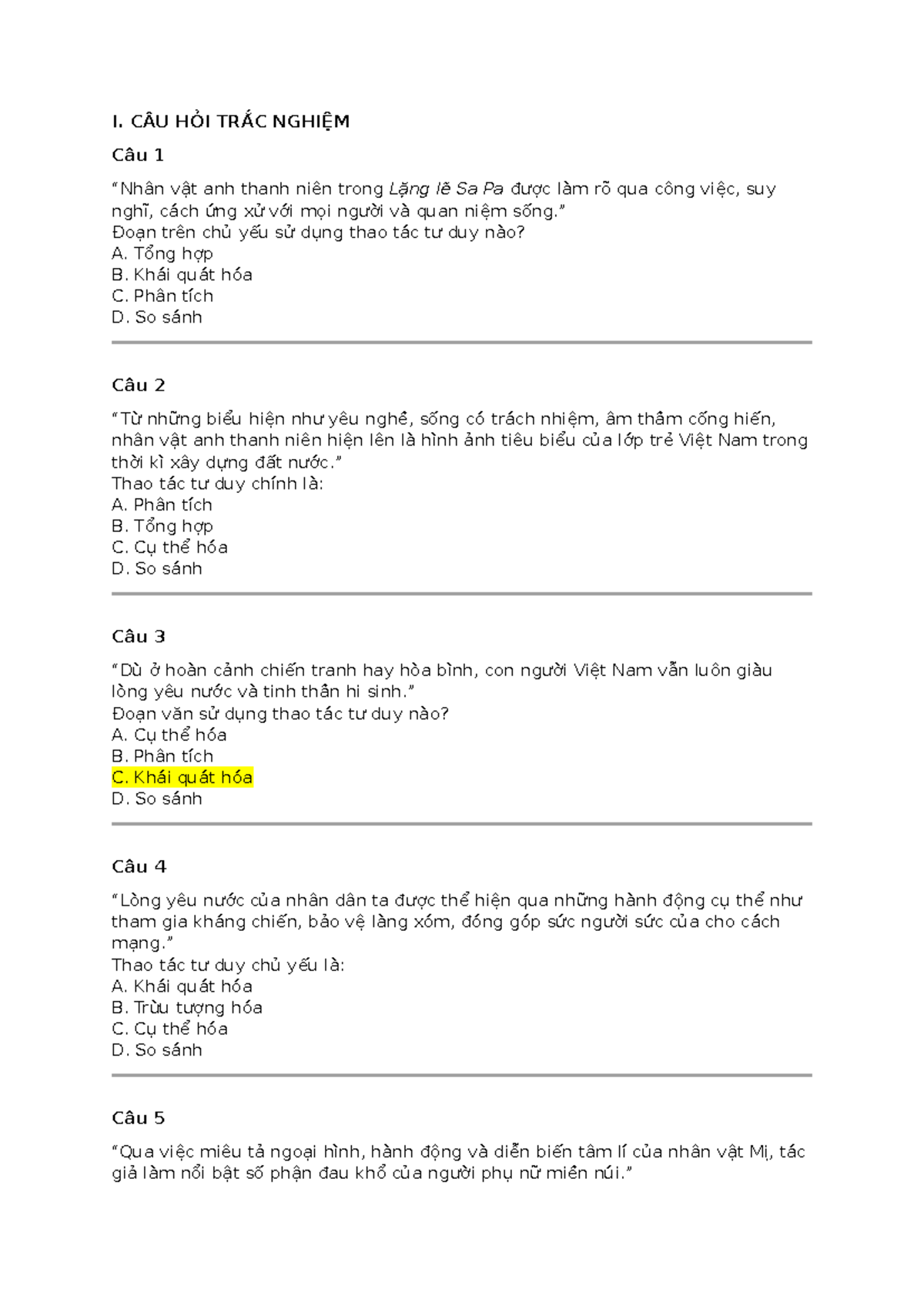 Câu hỏi trắc nghiệm về các thao tác tư duy trong văn học - KKK - Studocu