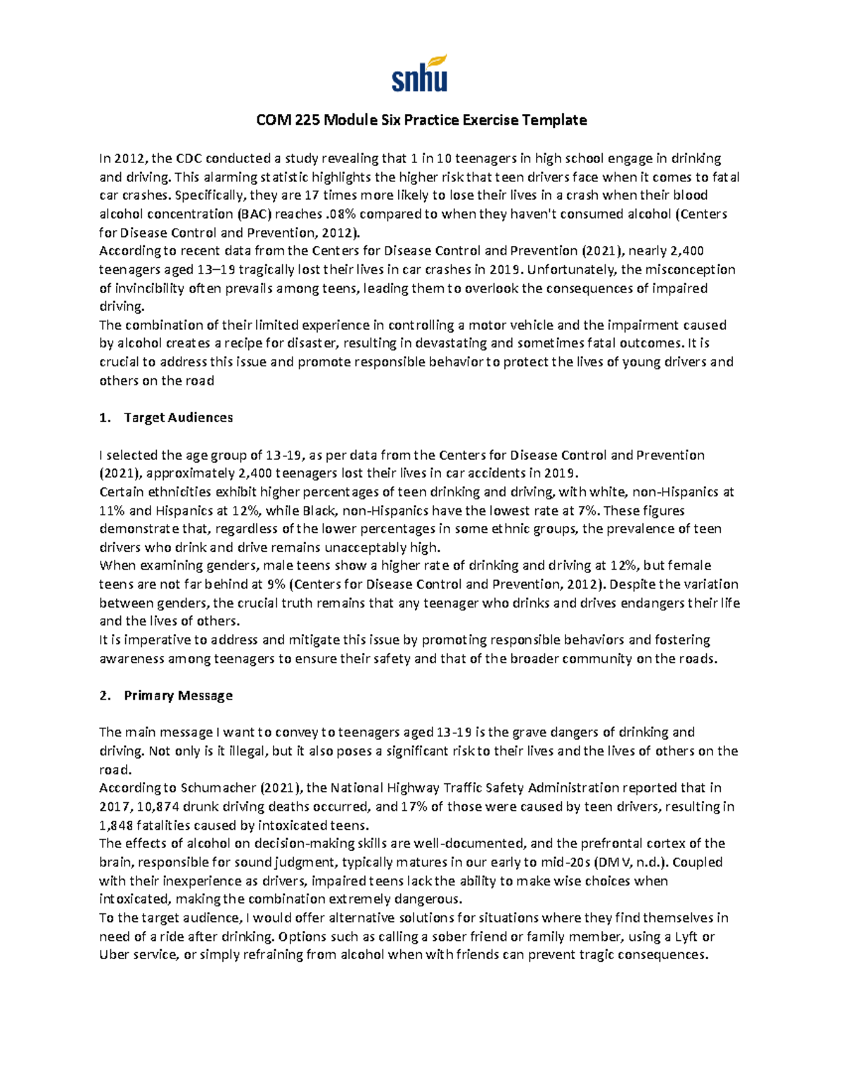 COM 225 Module Six Practice Exercise: Addressing Teen Drinking ...