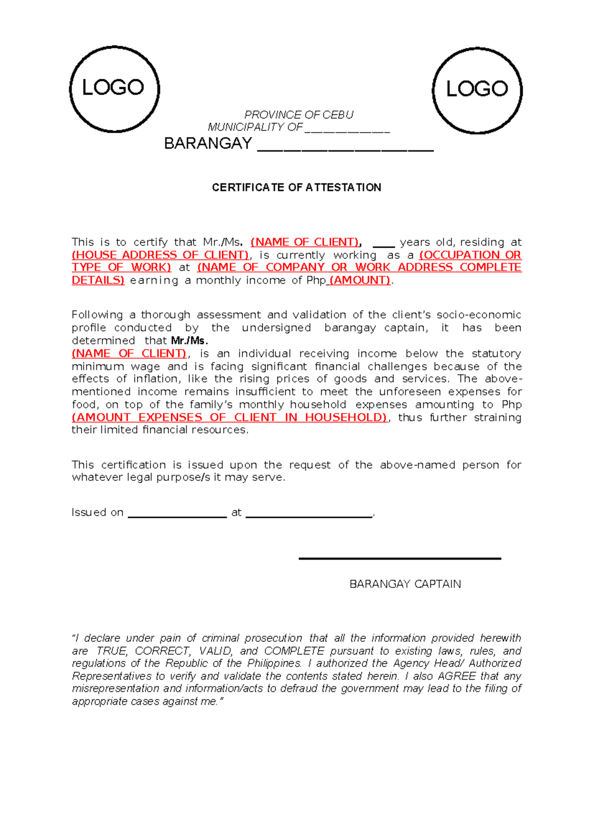 BRGY20-20 Certificate of Attestation for Financial Assessment - Studocu
