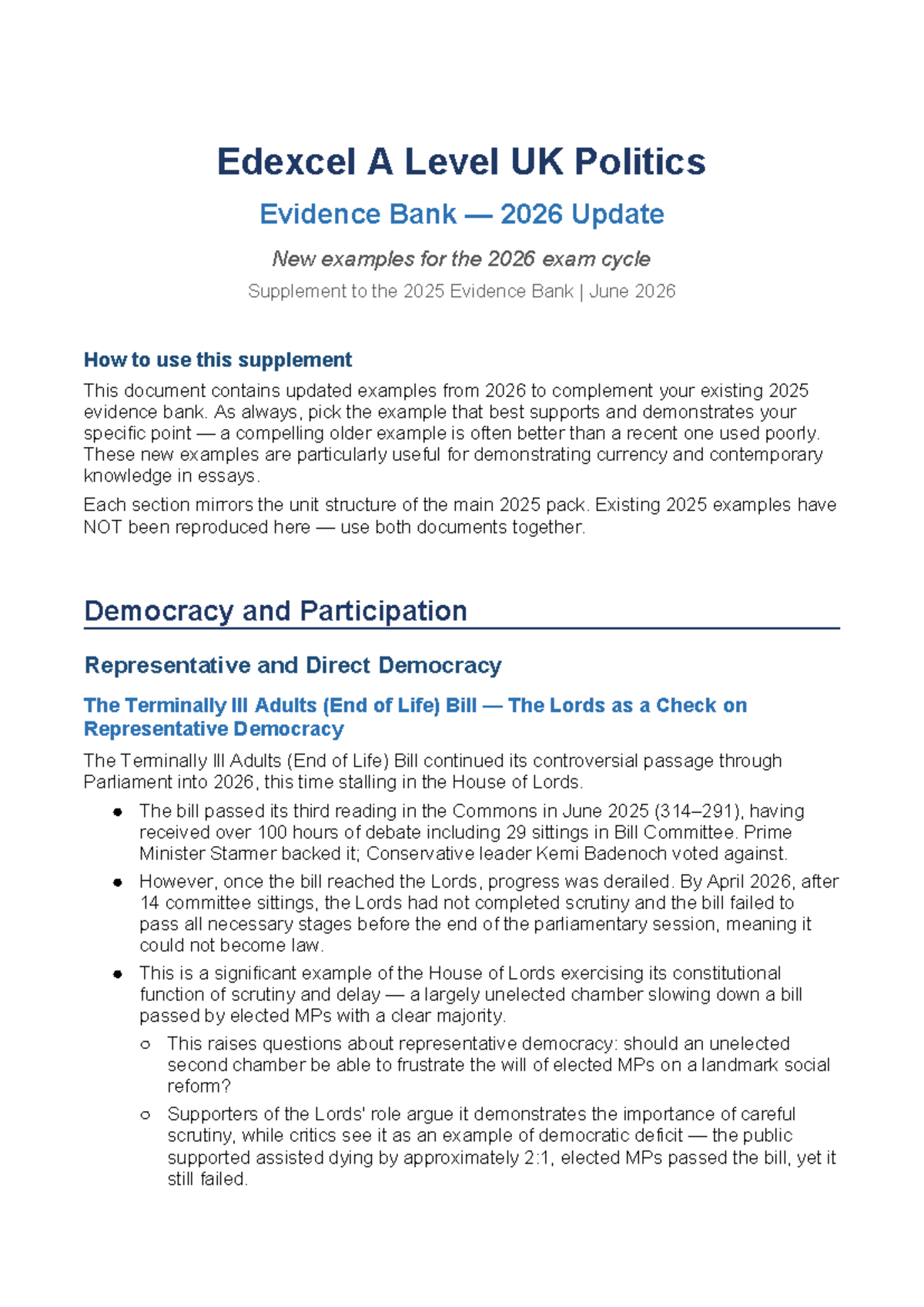 2026 Evidence Bank for A Level UK Politics: Updated Examples and ...
