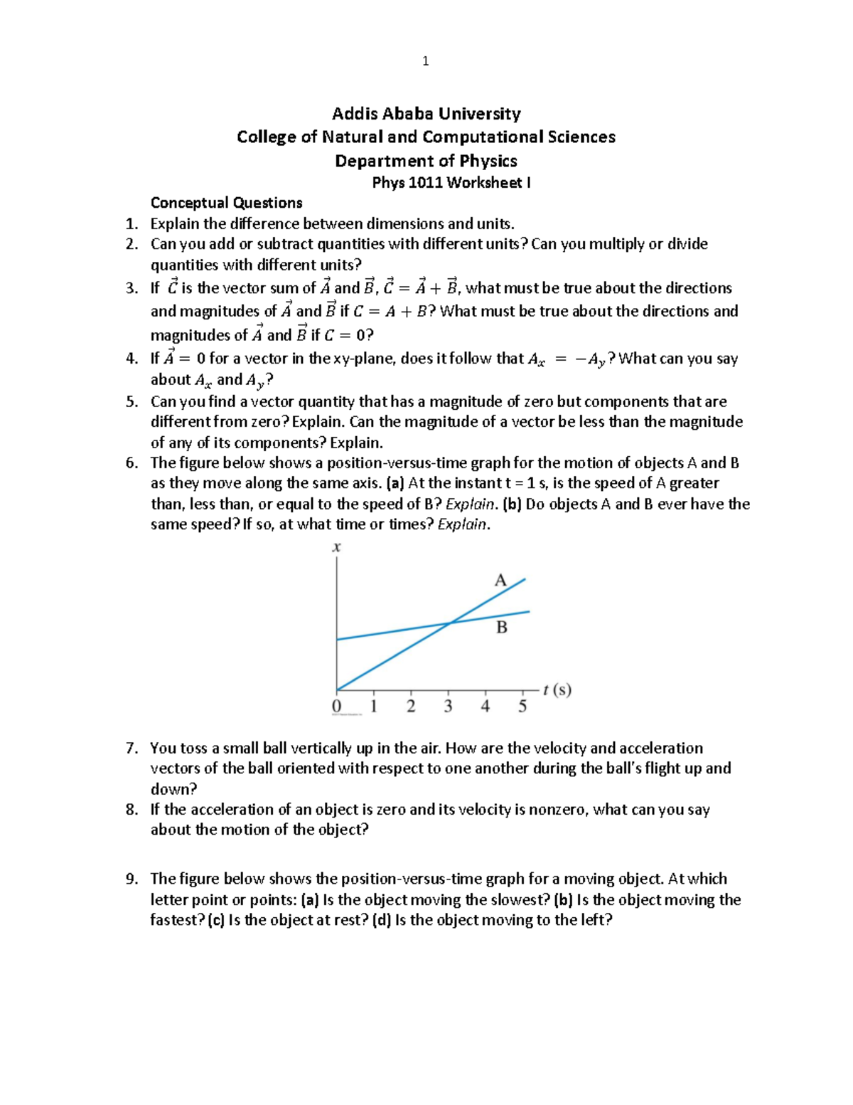 Phys 1011 Worksheet I: Key Conceptual Questions for Freshmen - Studocu