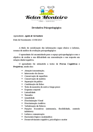 Devolutiva Psicopedagógica Nadia - Devolutiva Psicopedagógica ...