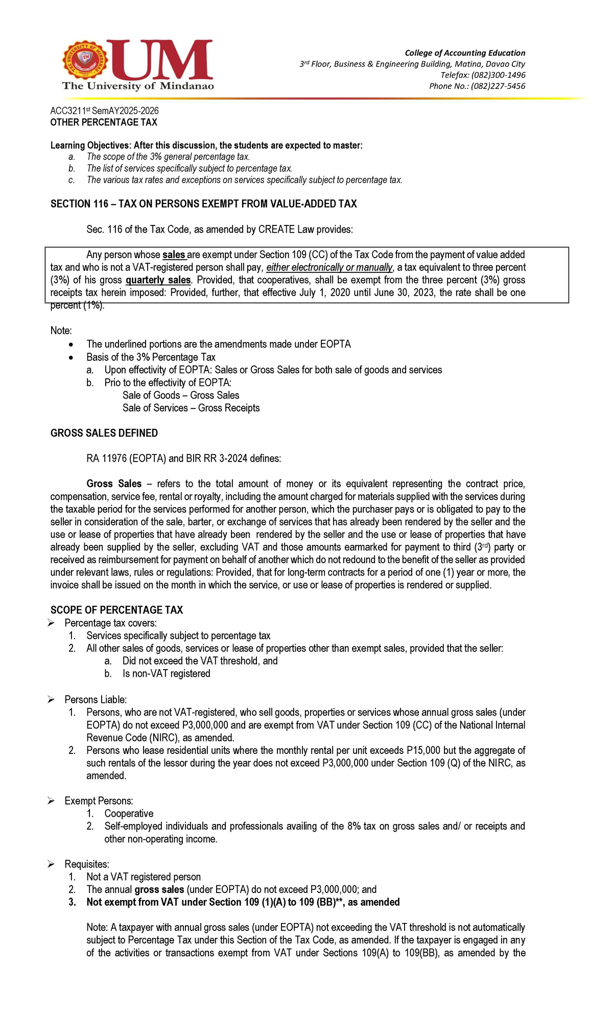 OPT Handouts: Understanding Percentage Tax (ACC3211) - Studocu