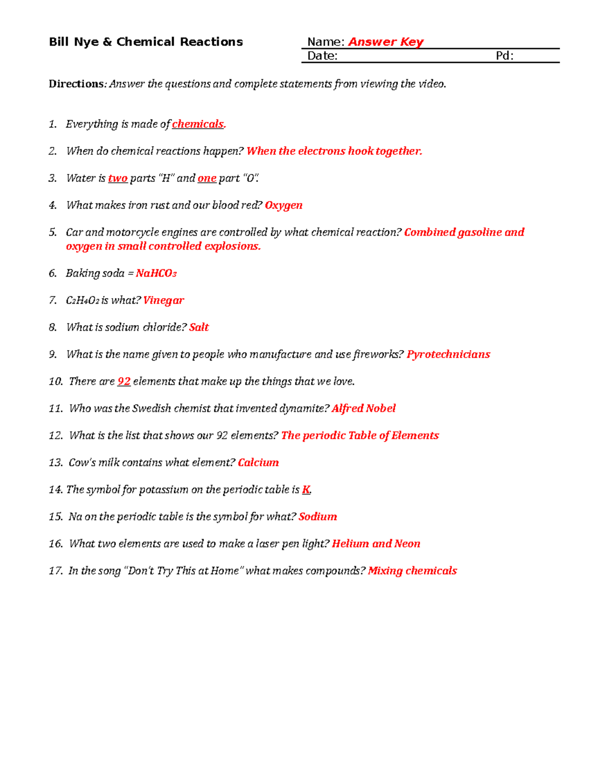 Describing Chemical Reactions Worksheet Answer Key