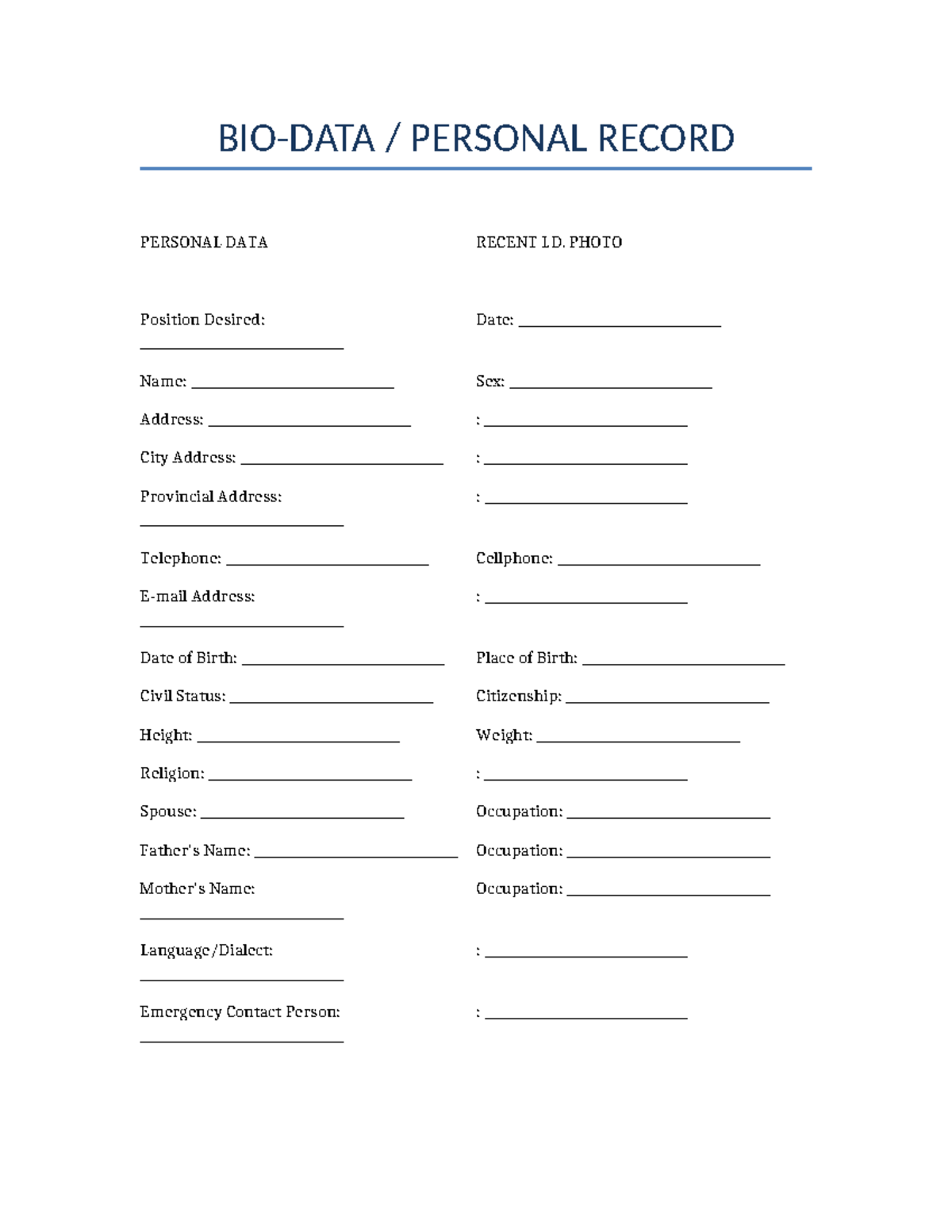 HR Bio Data Form for Fresh Graduates - Studocu