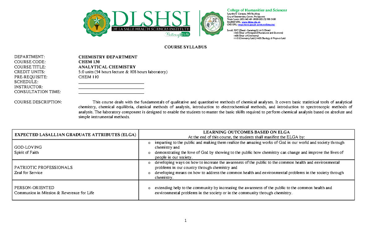 DLSU CHEM 130 - Analytical Chemistry Course Syllabus & Learning ...