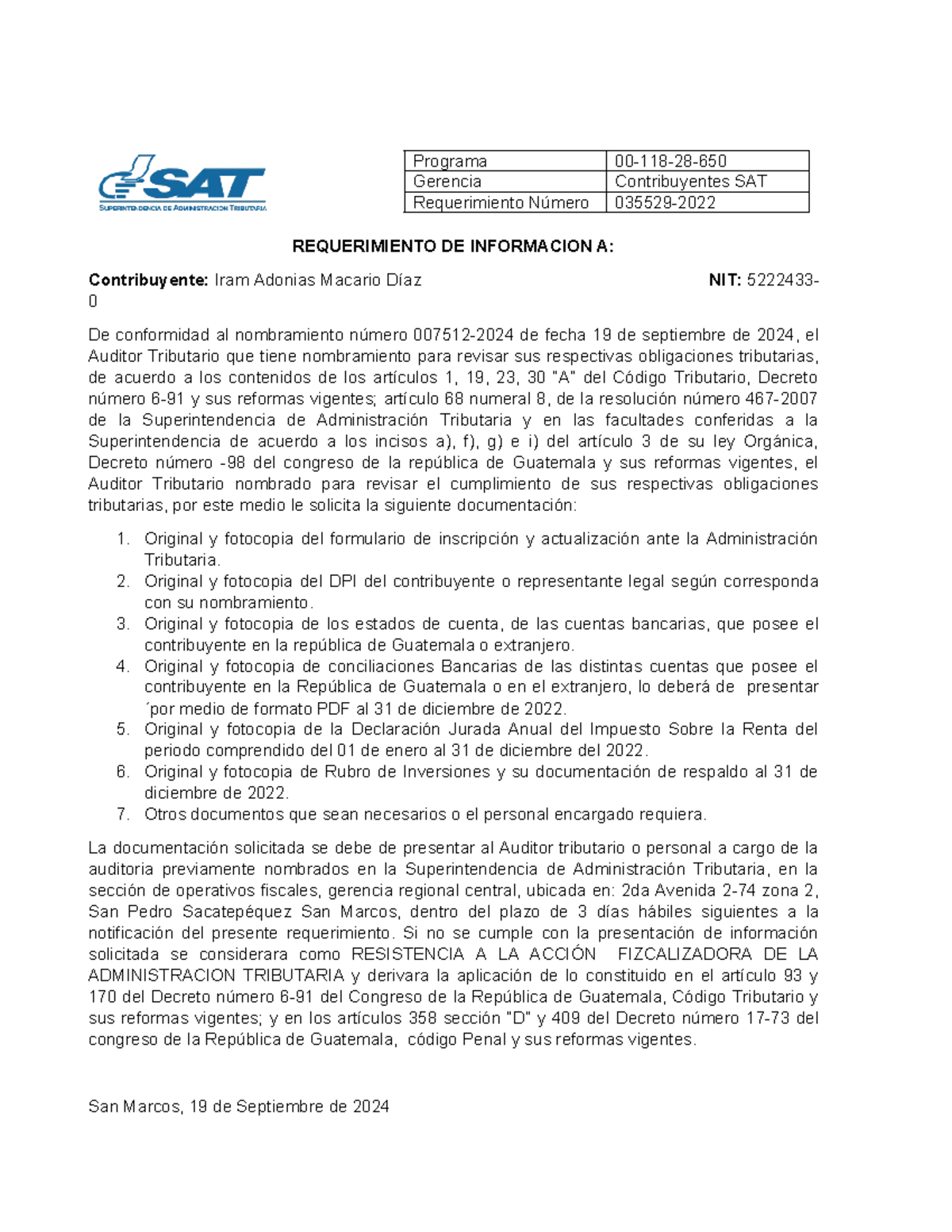 Requerimiento de Información Tributaria - SAT 00-118-28 - Studocu