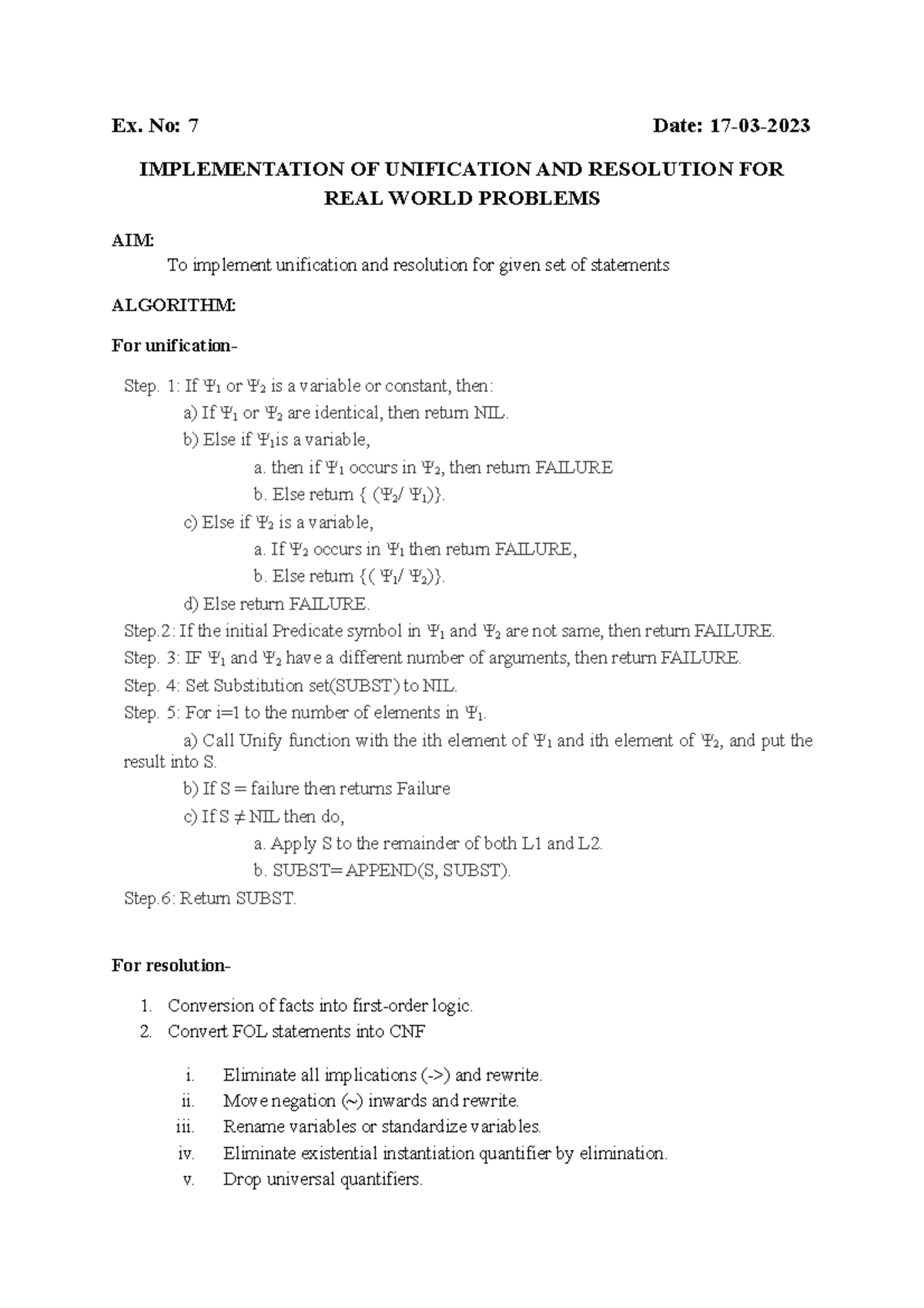 AI Exp-7: Unification and Resolution Implementation for R.W. Problems - Studocu