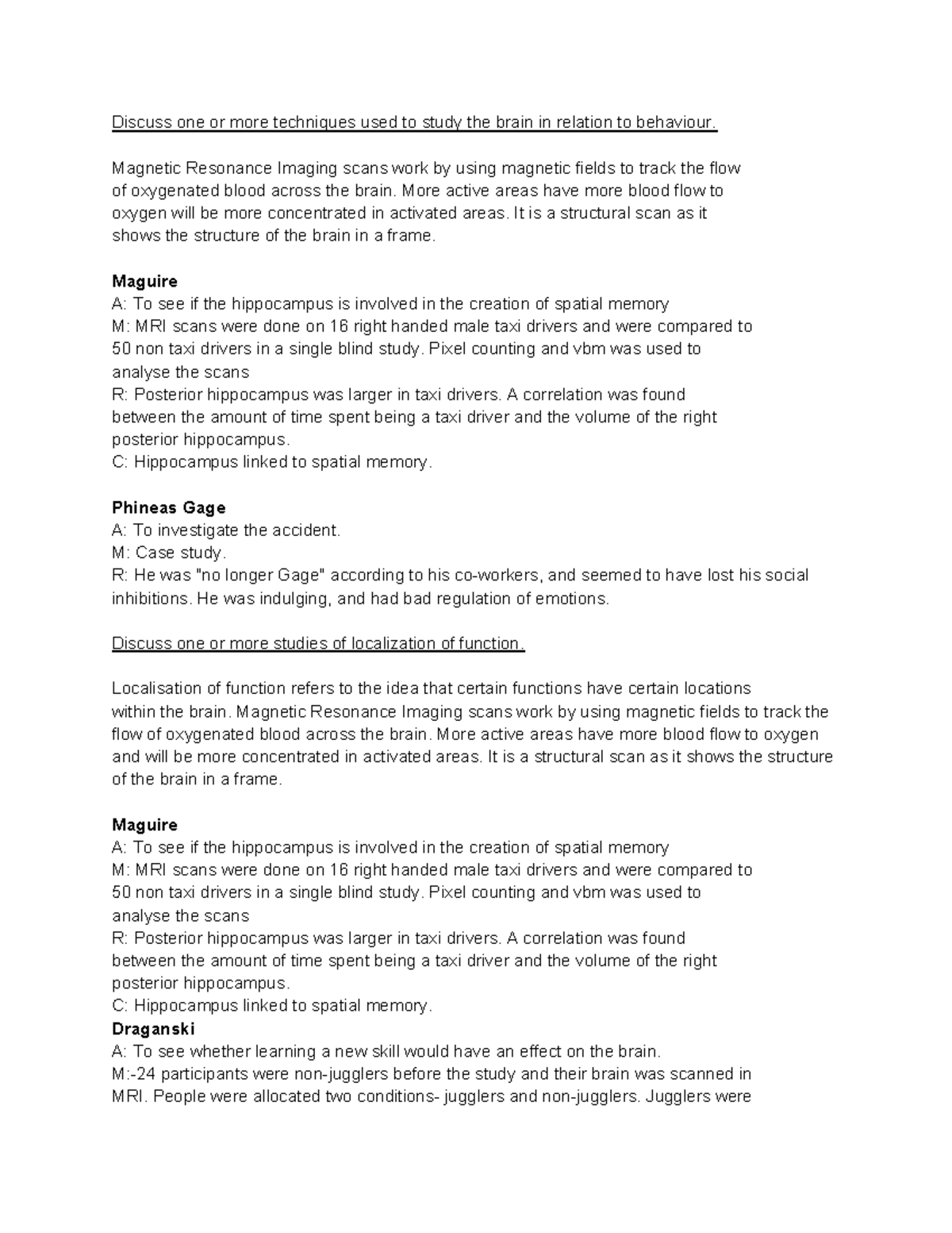 IB Psychology SL Biological Studies Paper 1: Brain Function & Behaviour ...