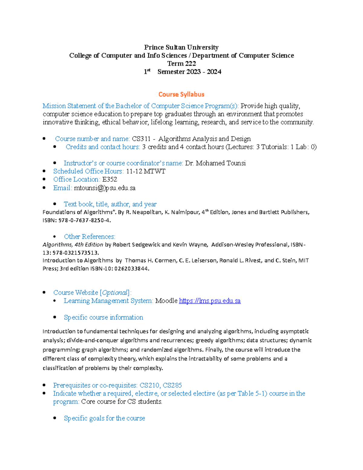 CS311 - Algorithms Analysis & Design Course Syllabus 222 1st Sem 2023 ...