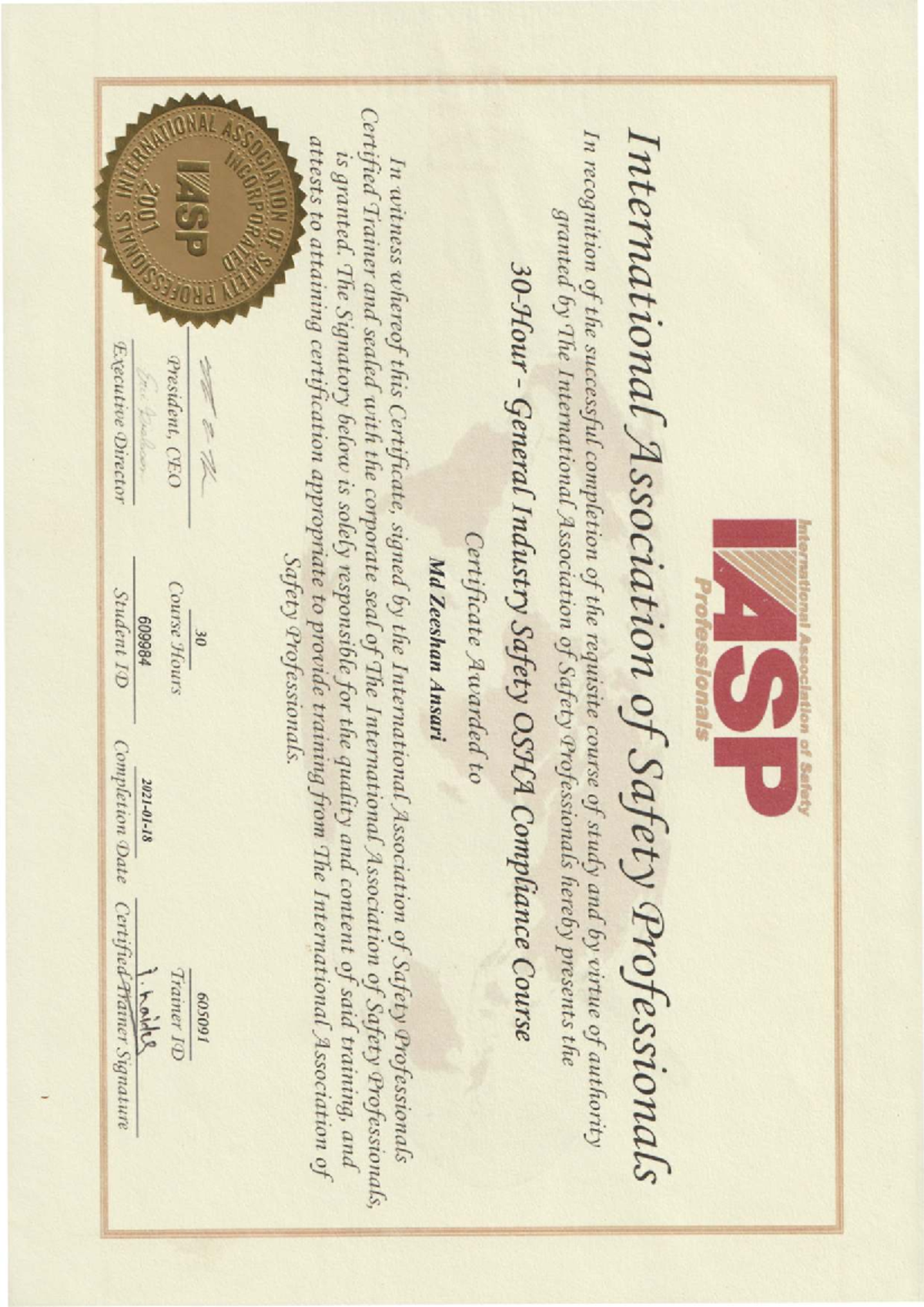 International ASP Safety Professionals Course Completion Certificate ...