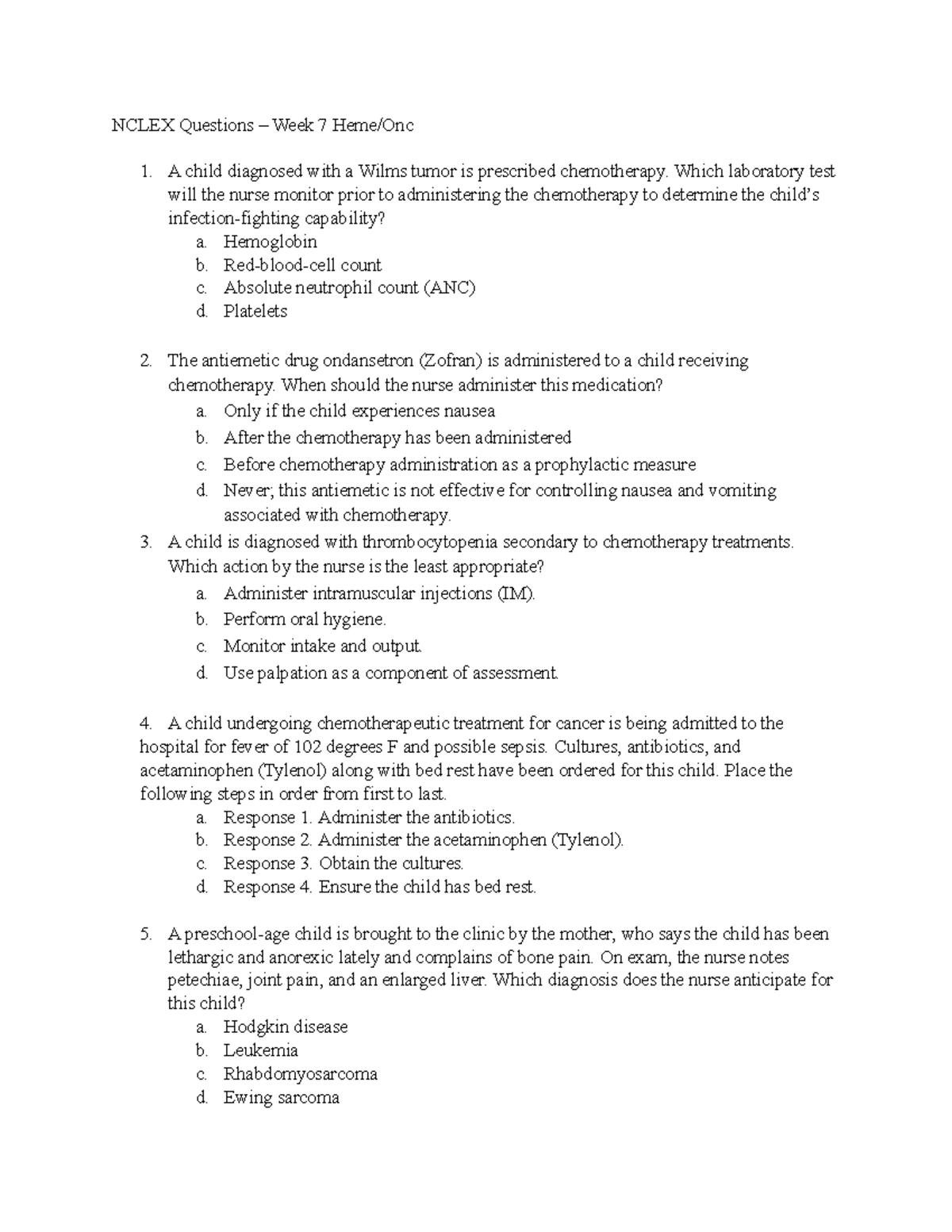 NCLEX Worksheet Week 7: Heme/Onc Focus Questions and Answers - Studocu