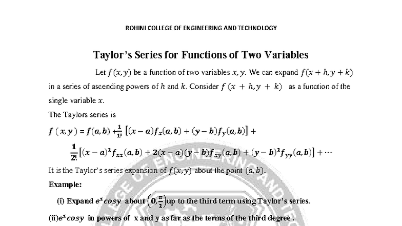 Taylor Series Expansion for Functions of Two Variables - MA8151 - Studocu