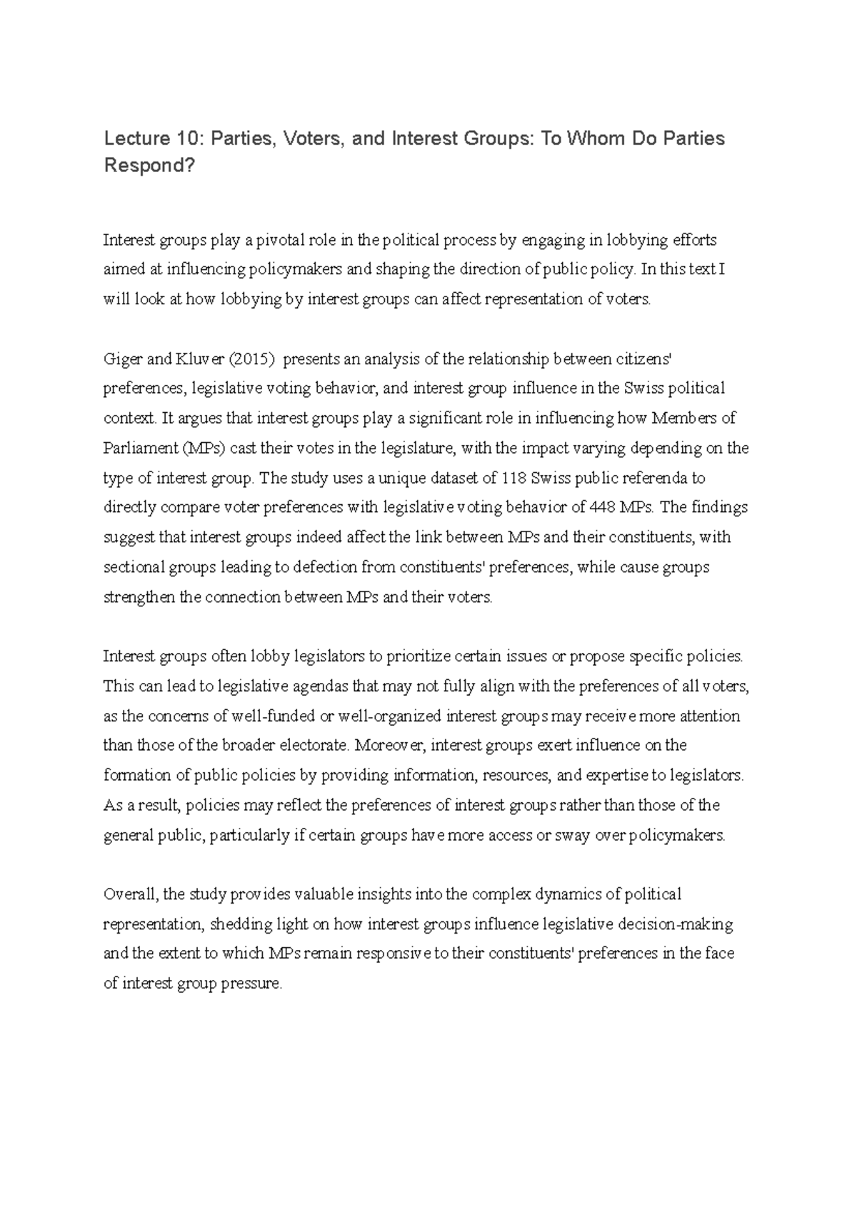 Lecture 10: Interest Groups and Voter Representation Analysis - Studocu