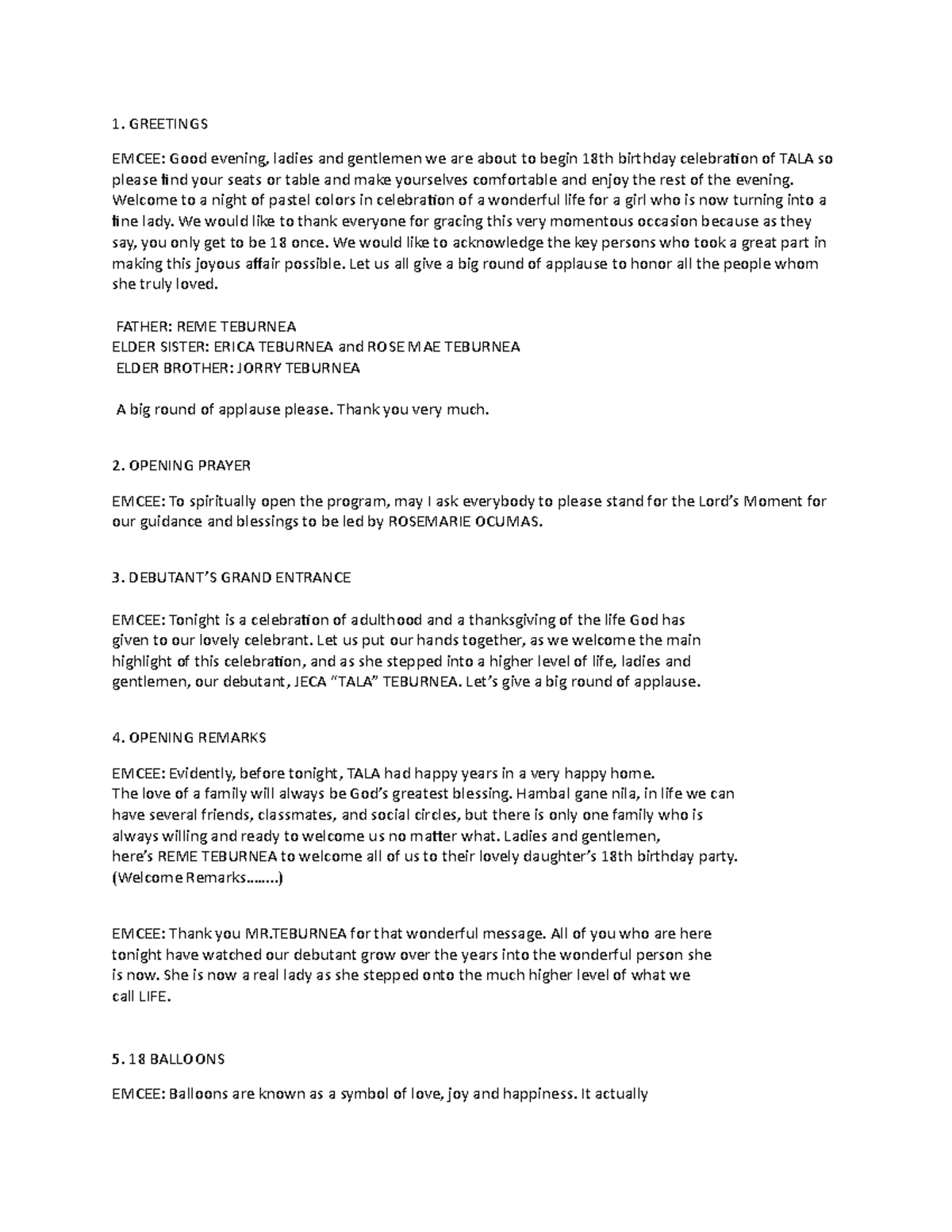 Debut script - thank you - 1. GREETINGS EMCEE: Good evening, ladies and ...