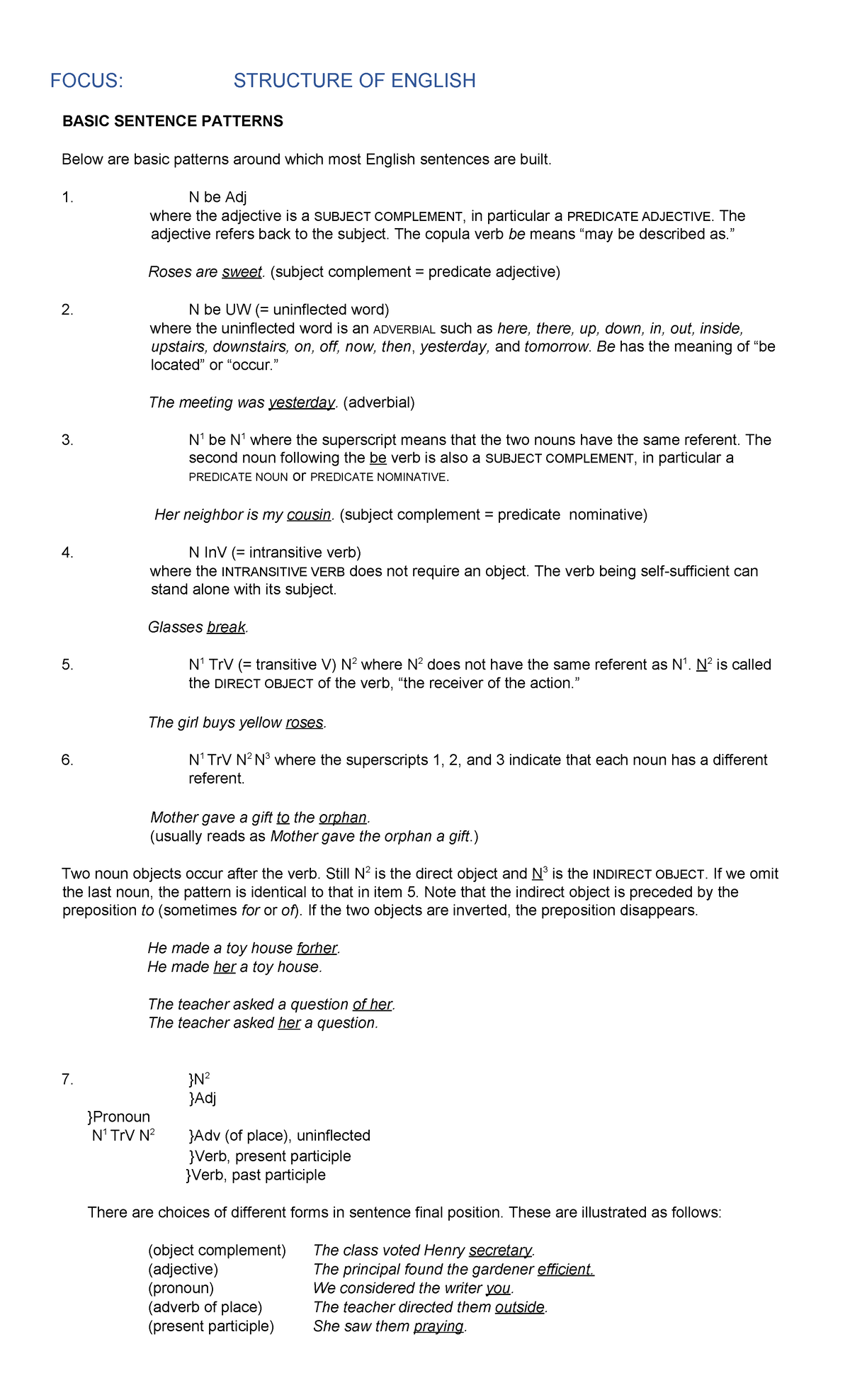 FOCUS: Structure of English Basic Sentence Patterns - Studocu