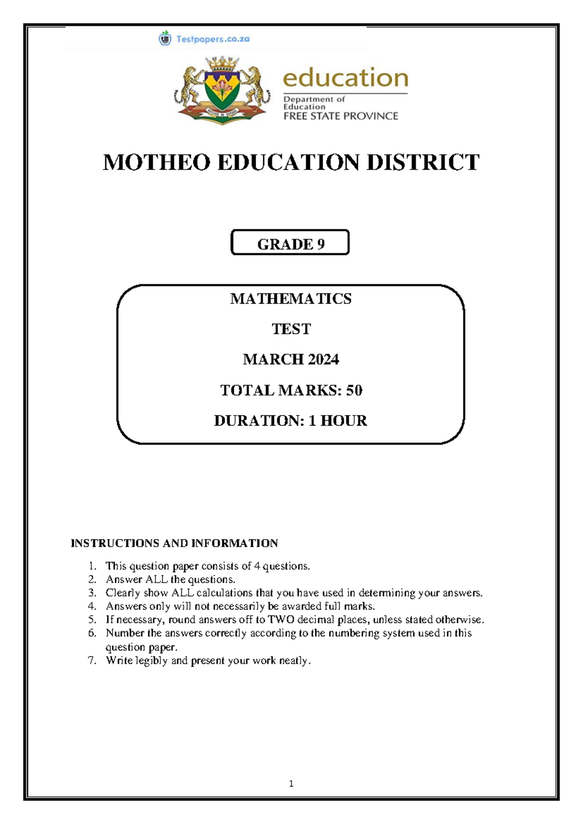 MOTHEO EDUCATION DISTRICT GRADE 9 MATH TEST MARCH 2024 - Studocu