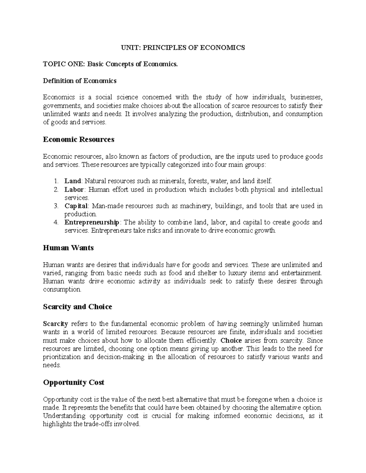 Principles of Economics - UNIT: PRINCIPLES OF ECONOMICS TOPIC ONE ...