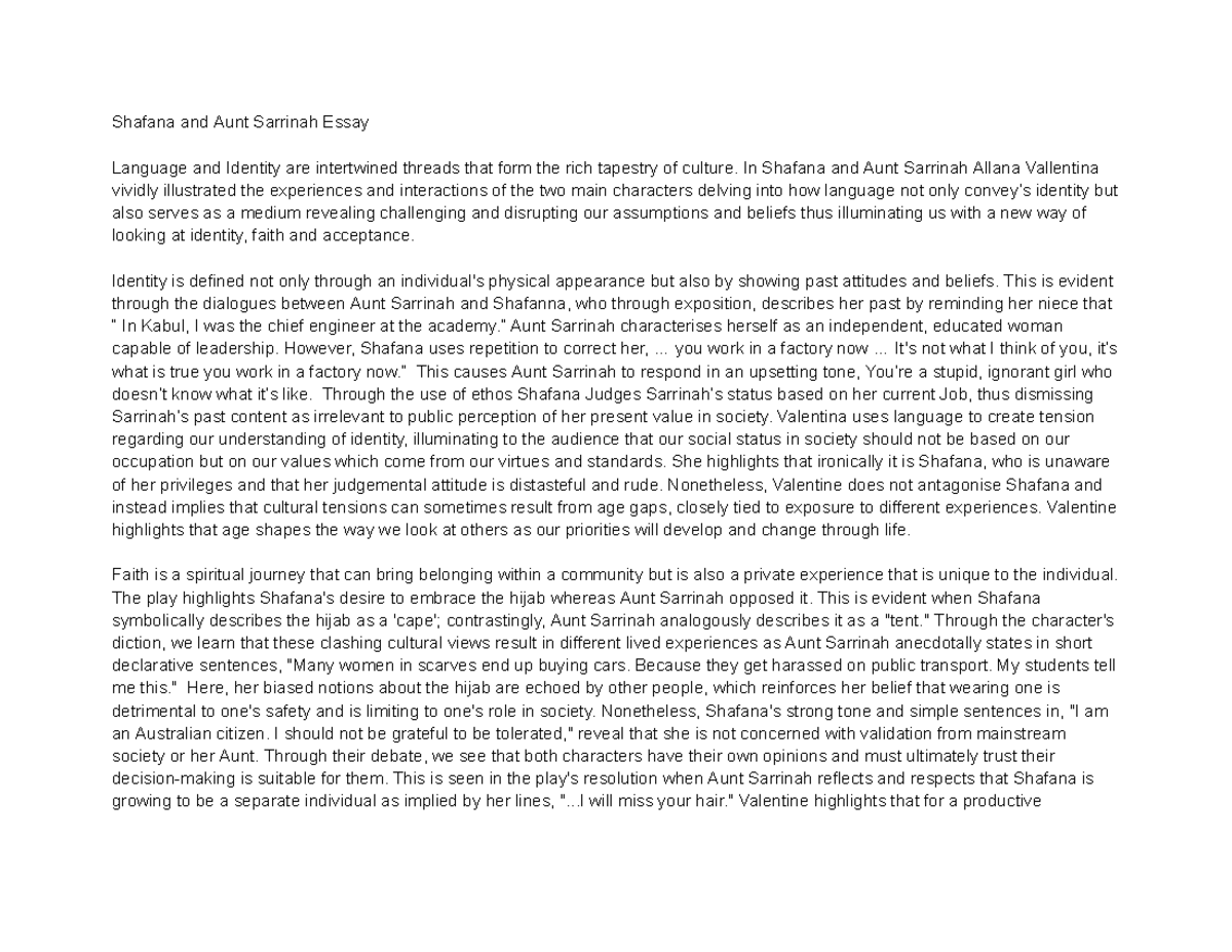 HSC Essay Notes: Language & Identity in Shafana and Aunt Sarrinah - Studocu
