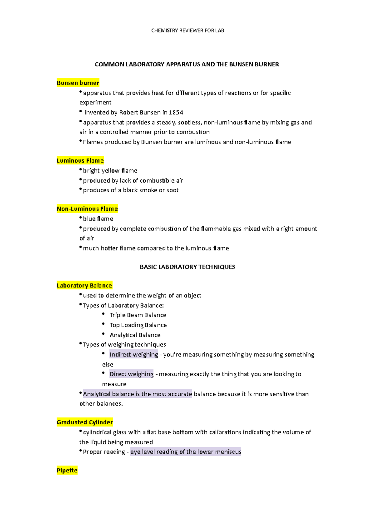 Common LAB Techniques Review for CHEM 101 - Studocu