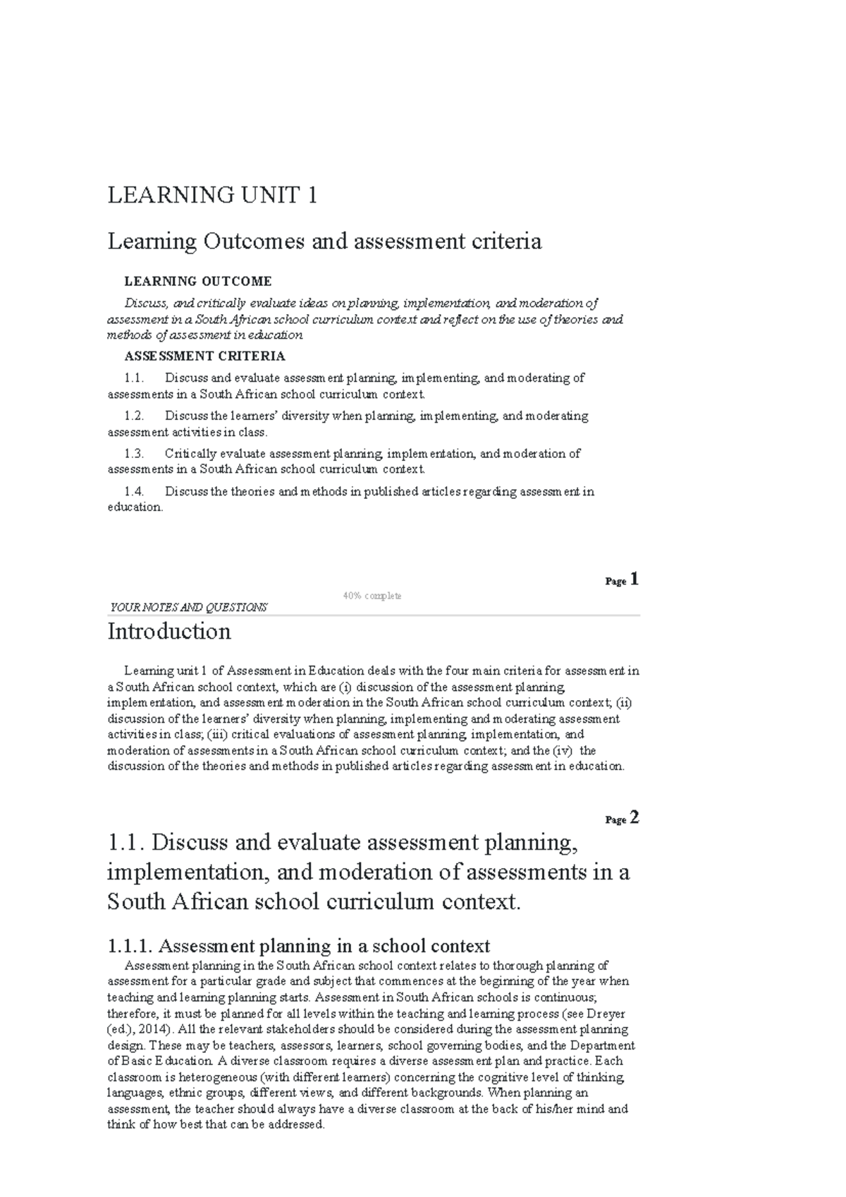 AED 1-5 Unit Notes: Assessment Planning & Implementation in SA Schools ...