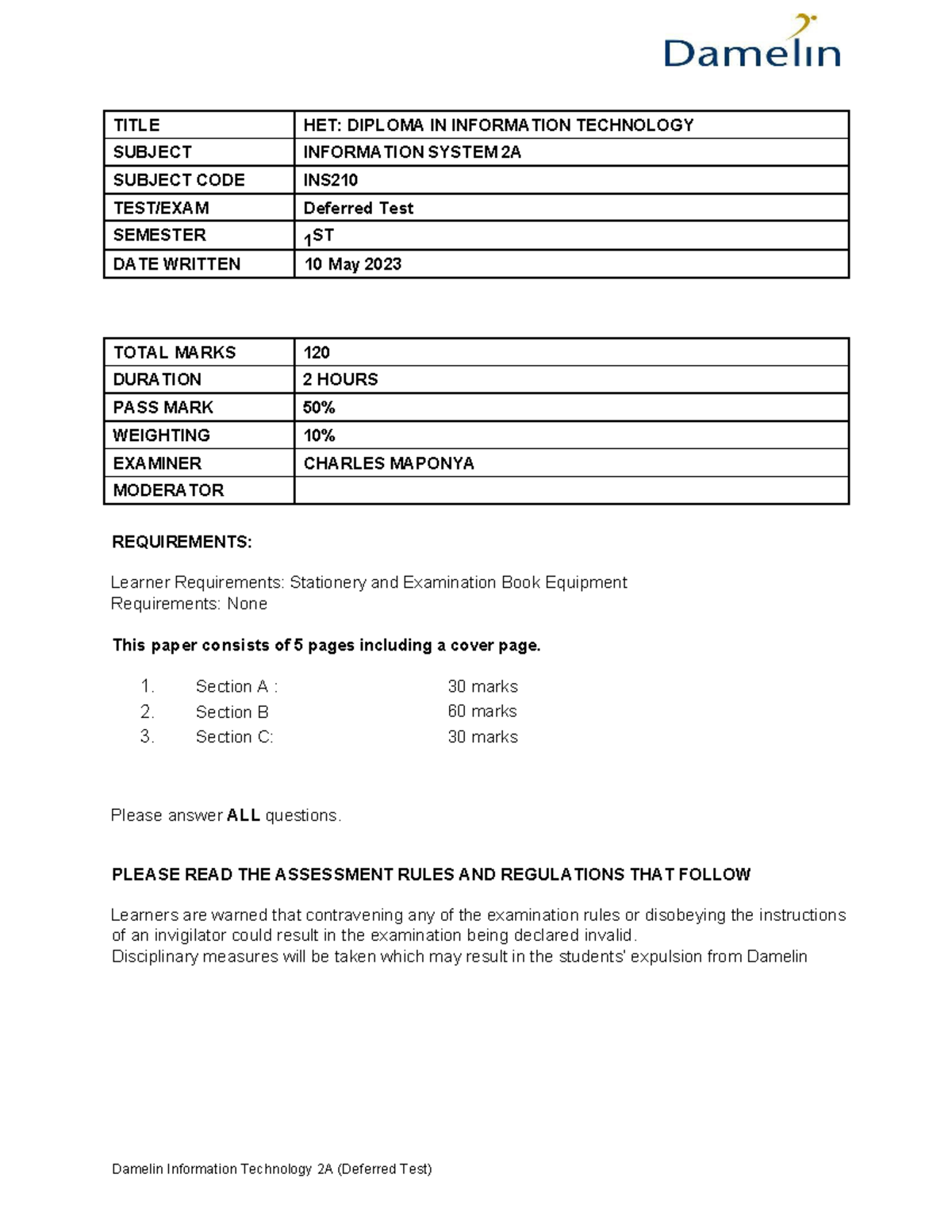 Information Systems 2A Def exam - TITLE HET: DIPLOMA IN INFORMATION ...