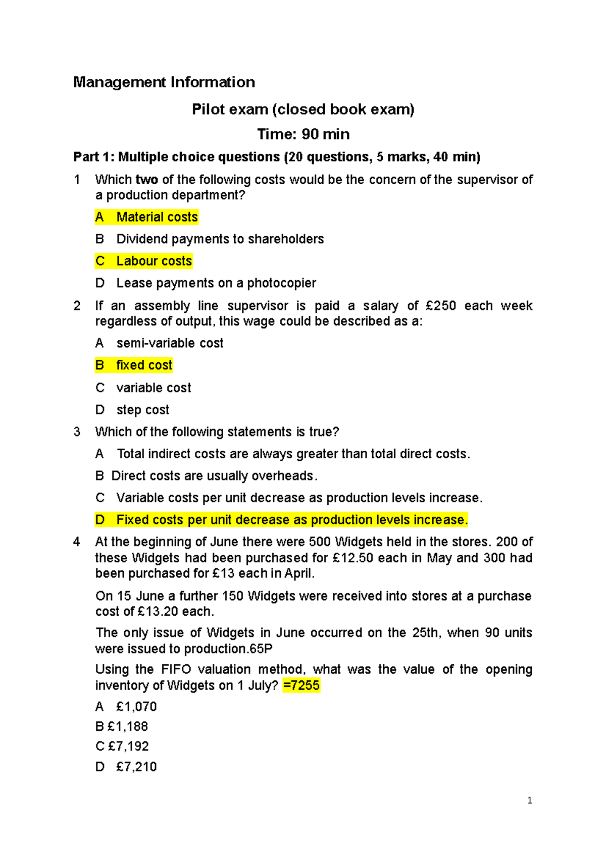 MI Pilot Exam - Management Information Mock Test Guide - Studocu