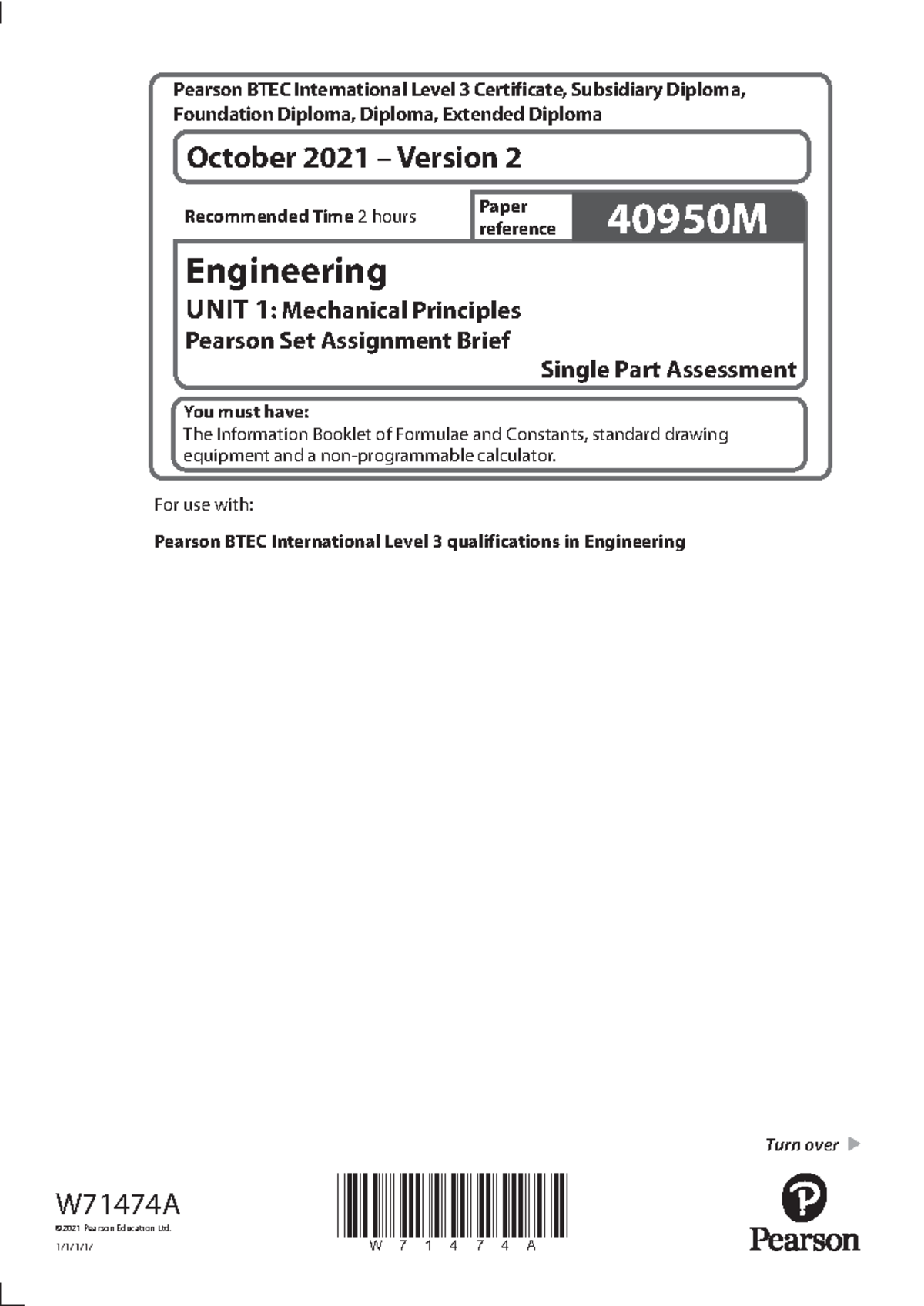 W71474 International BTEC Engineering 40950M Unit 1: Mechanical Principles Exam Guide - Studocu
