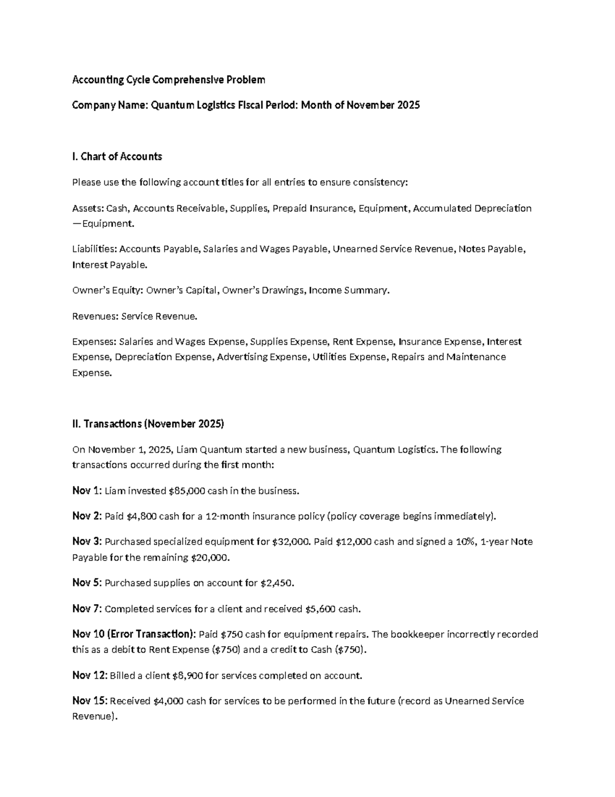 Accounting Cycle Comprehensive Problem: Quantum Logistics (Nov 2025 ...