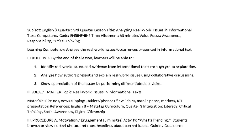 English 8 Q3 Lesson: Analyzing Issues in Informational Texts - Studocu