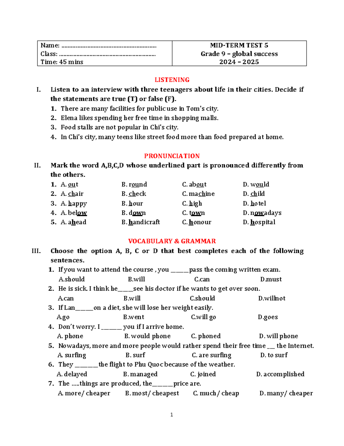 Midterm Test 5: Grade 9 Global Success Listening & Grammar 2024-2025 ...