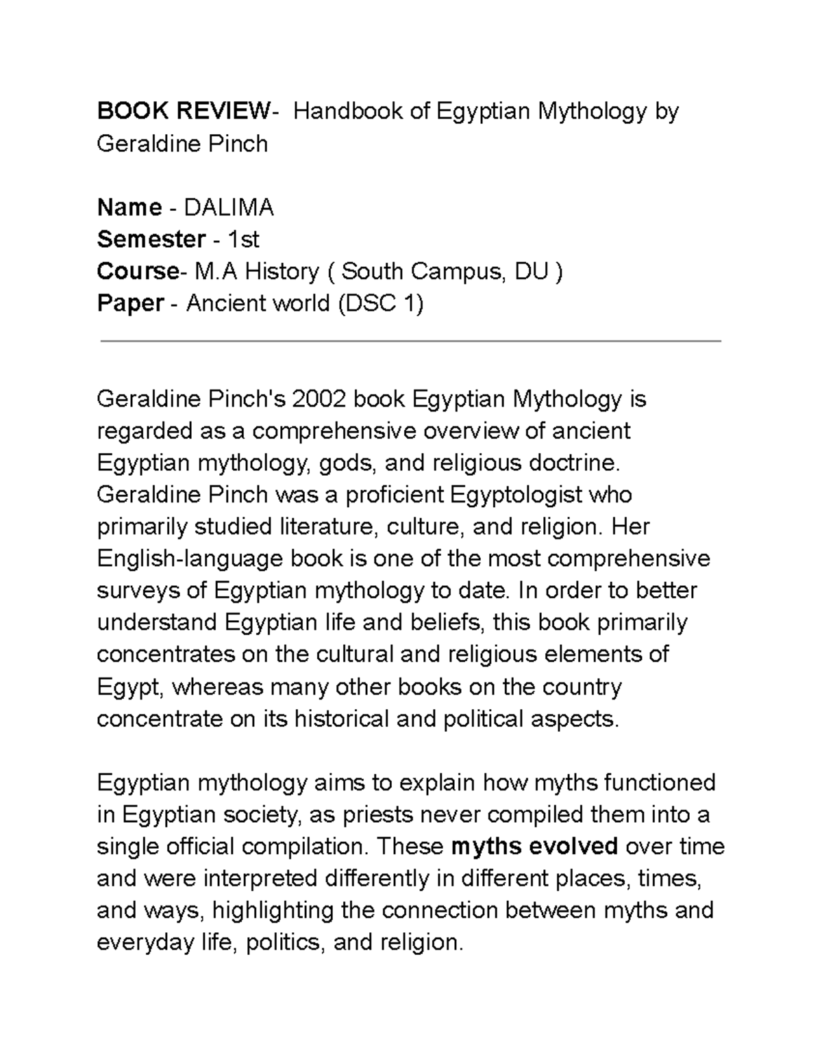 DSC 1 Book Review: Geraldine Pinch's Egyptian Mythology Insights - Studocu