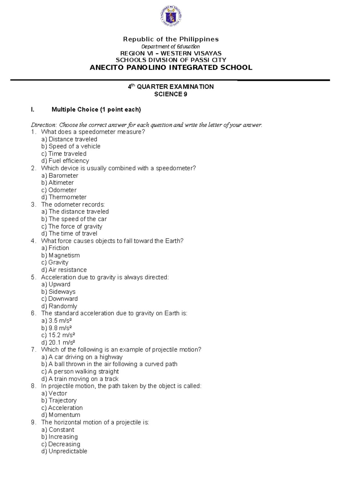 4th Quarter Exam Science 9 - Multiple Choice Questions - Studocu