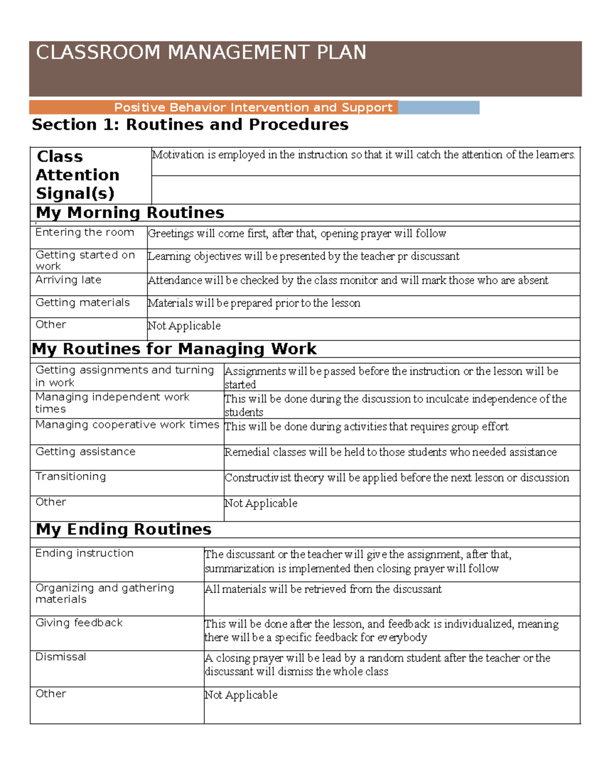 Classroom management plan - Positive Behavior Intervention and Support ...